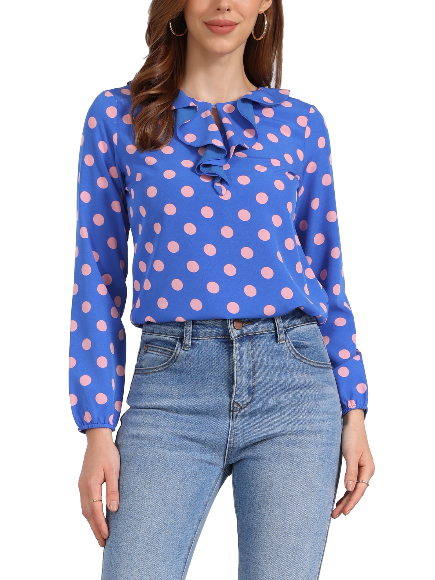 INSPIRE CHIC Women's Ruffle Neck Long Sleeve Blouse Shirts XL Blue Pink ...