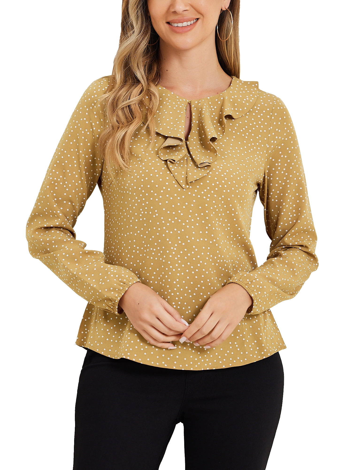 INSPIRE CHIC Women's Ruffle Neck Long Sleeve Blouse Shirts XL Khaki ...