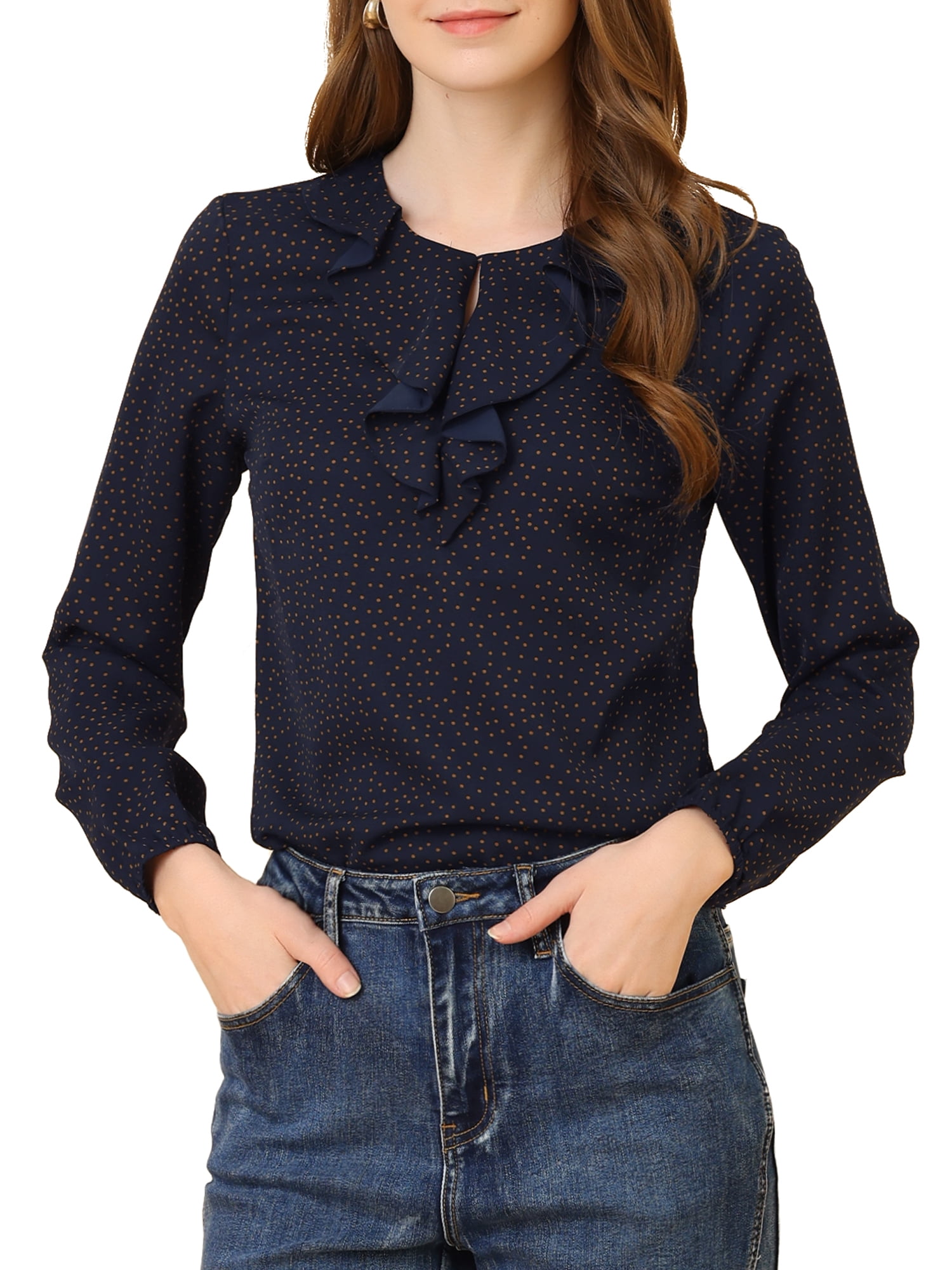 INSPIRE CHIC Women's Ruffle Neck Long Sleeve Blouse Shirts XS Dark Blue ...
