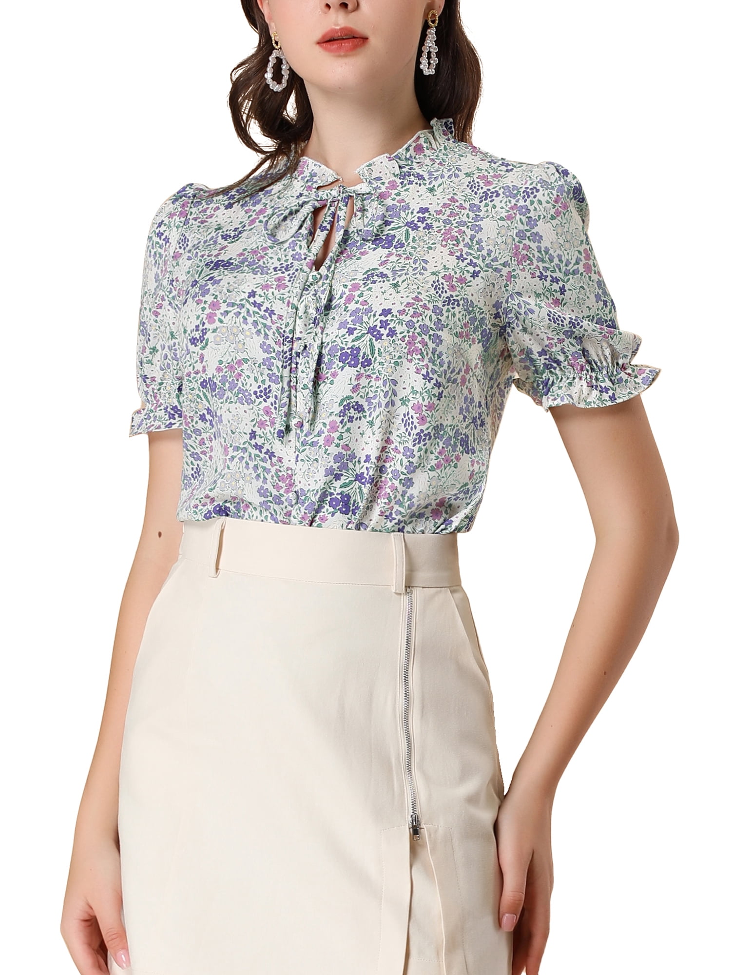 INSPIRE CHIC Women's Ruffle Neck Tie Front Floral Short Sleeve Work ...