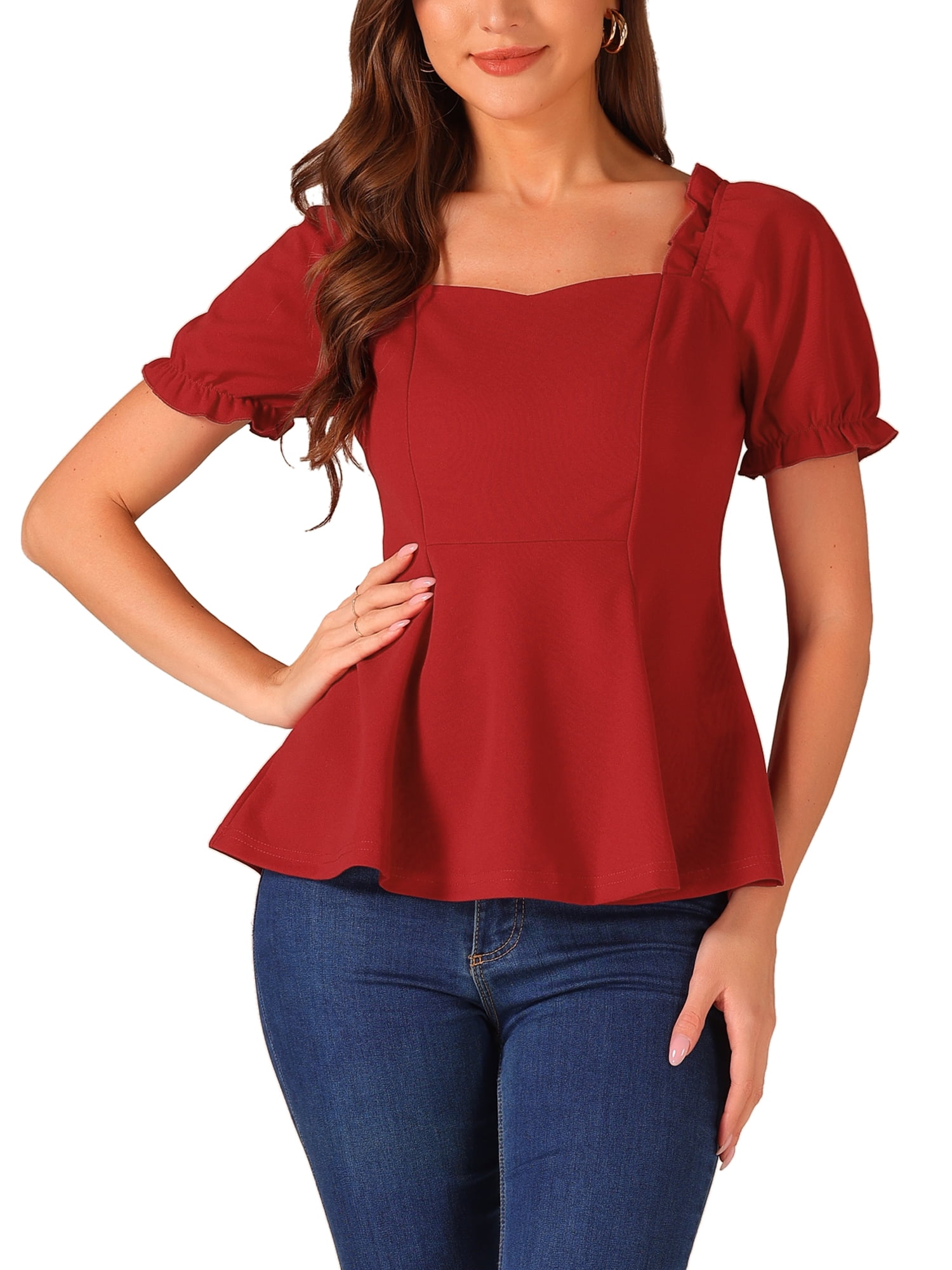 INSPIRE CHIC Women's Ruffle Peplum Top Sweetheart Neck Puff Sleeve ...