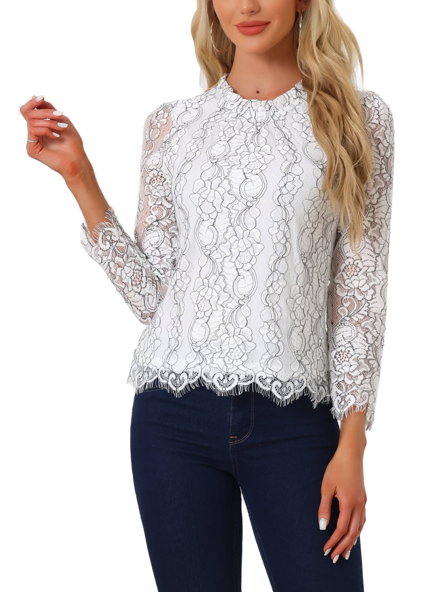 INSPIRE CHIC Women's Ruffle Round Neck Long Sleeves Mesh Lace Floral ...