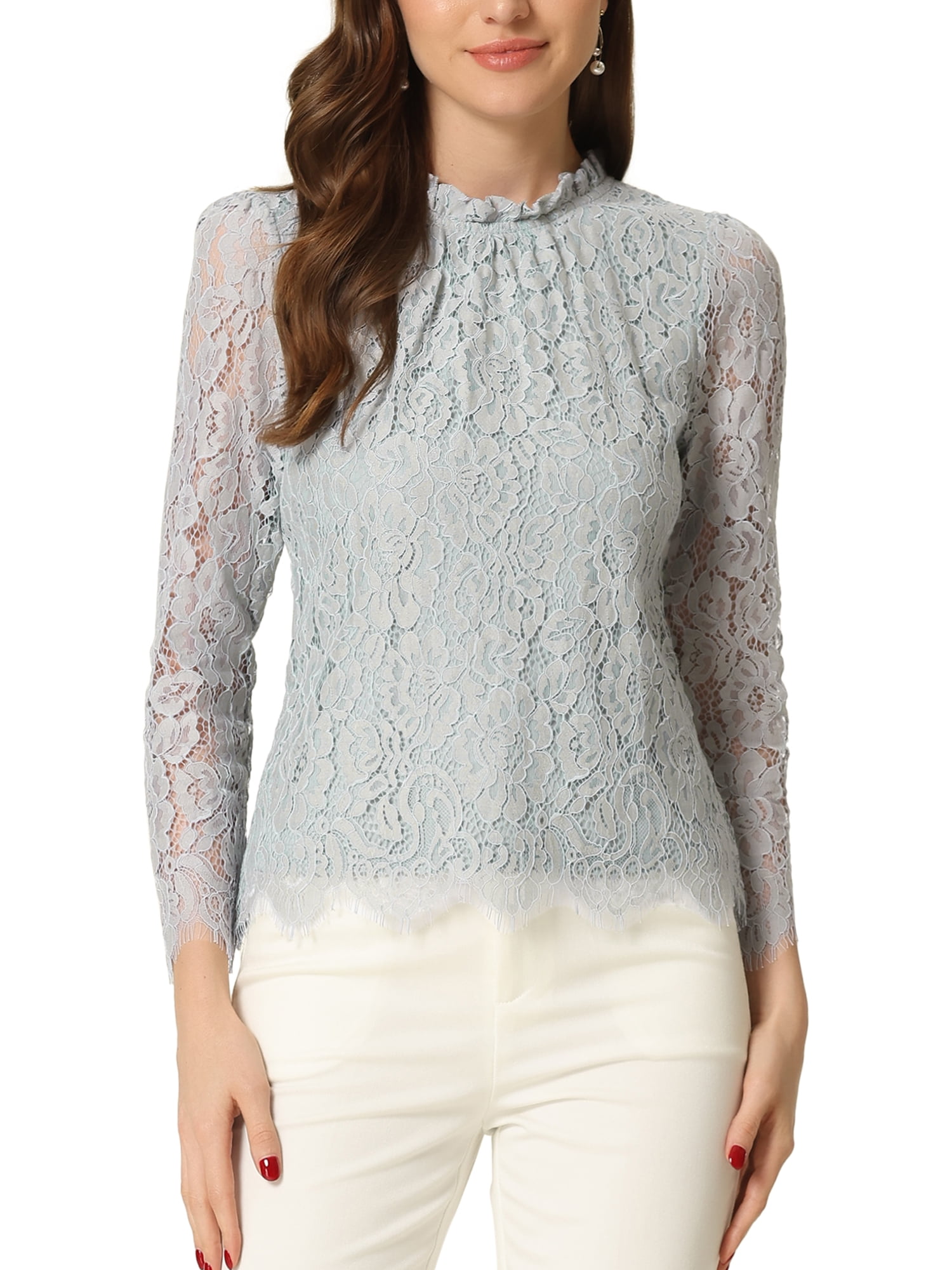 INSPIRE CHIC Women's Lace Top Long Sleeve Ruffled Neck Peplum Hem ...