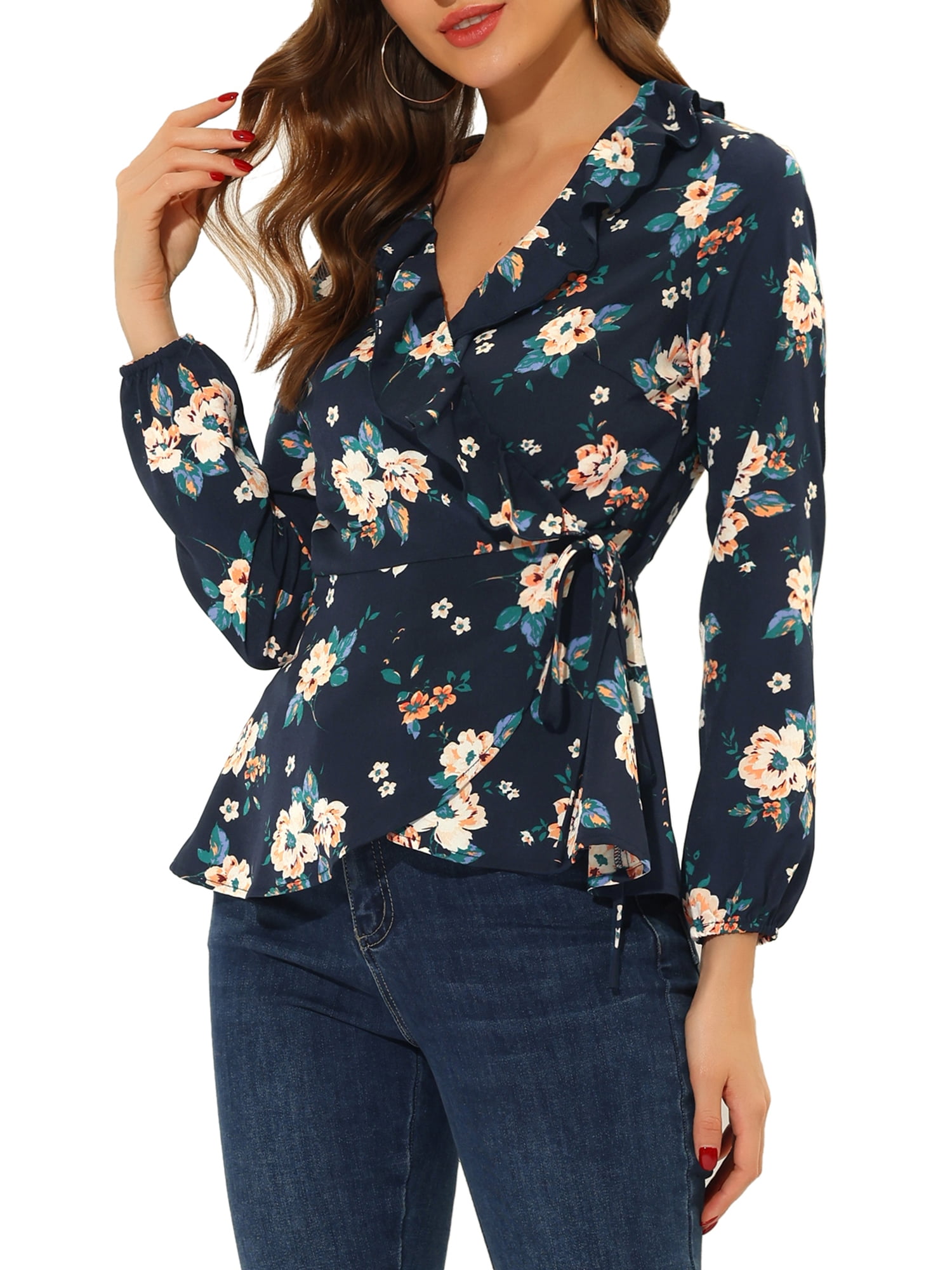 Allegra K Women's Ruffle V-Neck Blouse Floral Self Tie Wrap Peplum Top ...