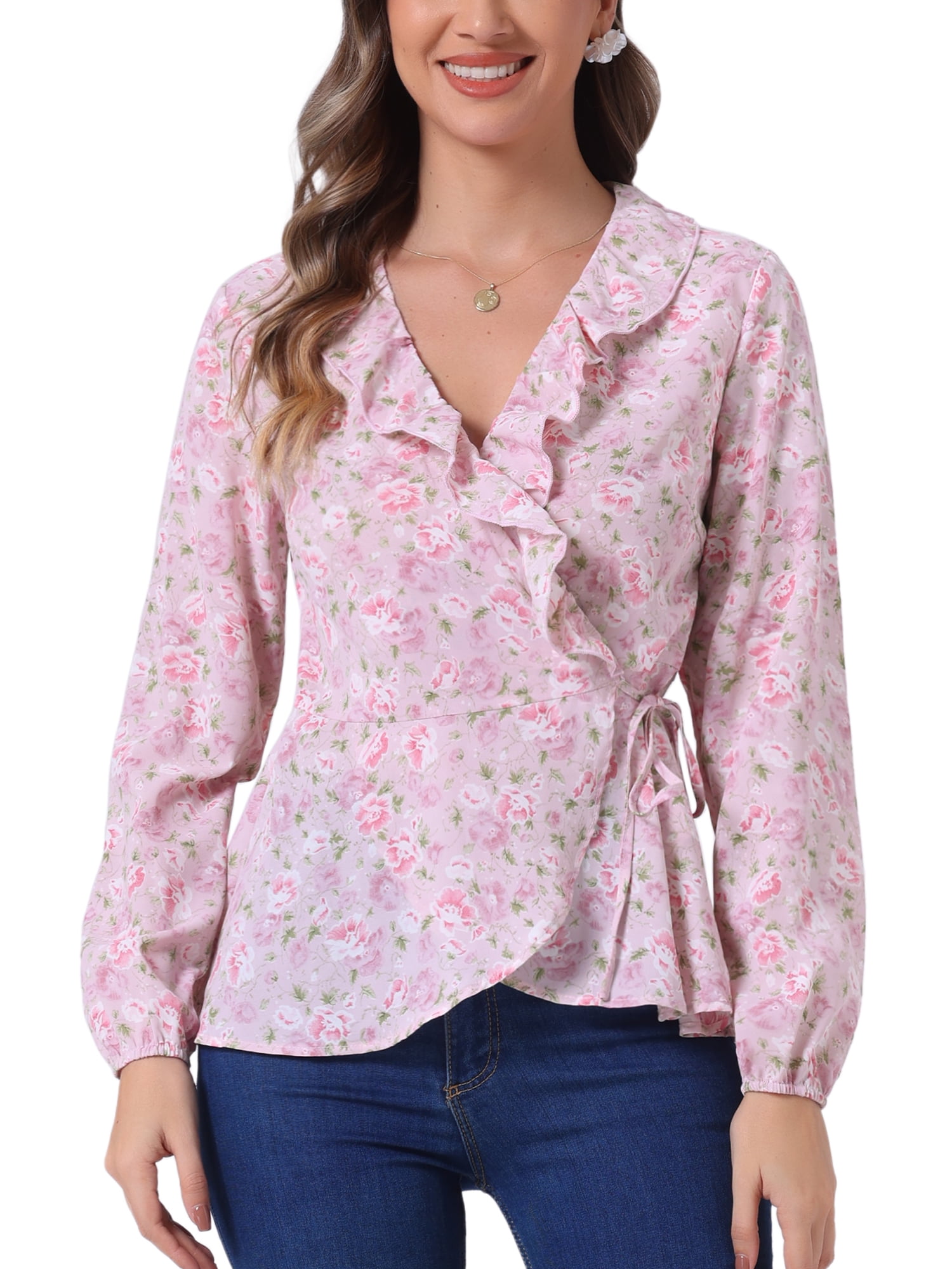 INSPIRE CHIC Women's Ruffle V-Neck Blouse Floral Self Tie Wrap Peplum ...