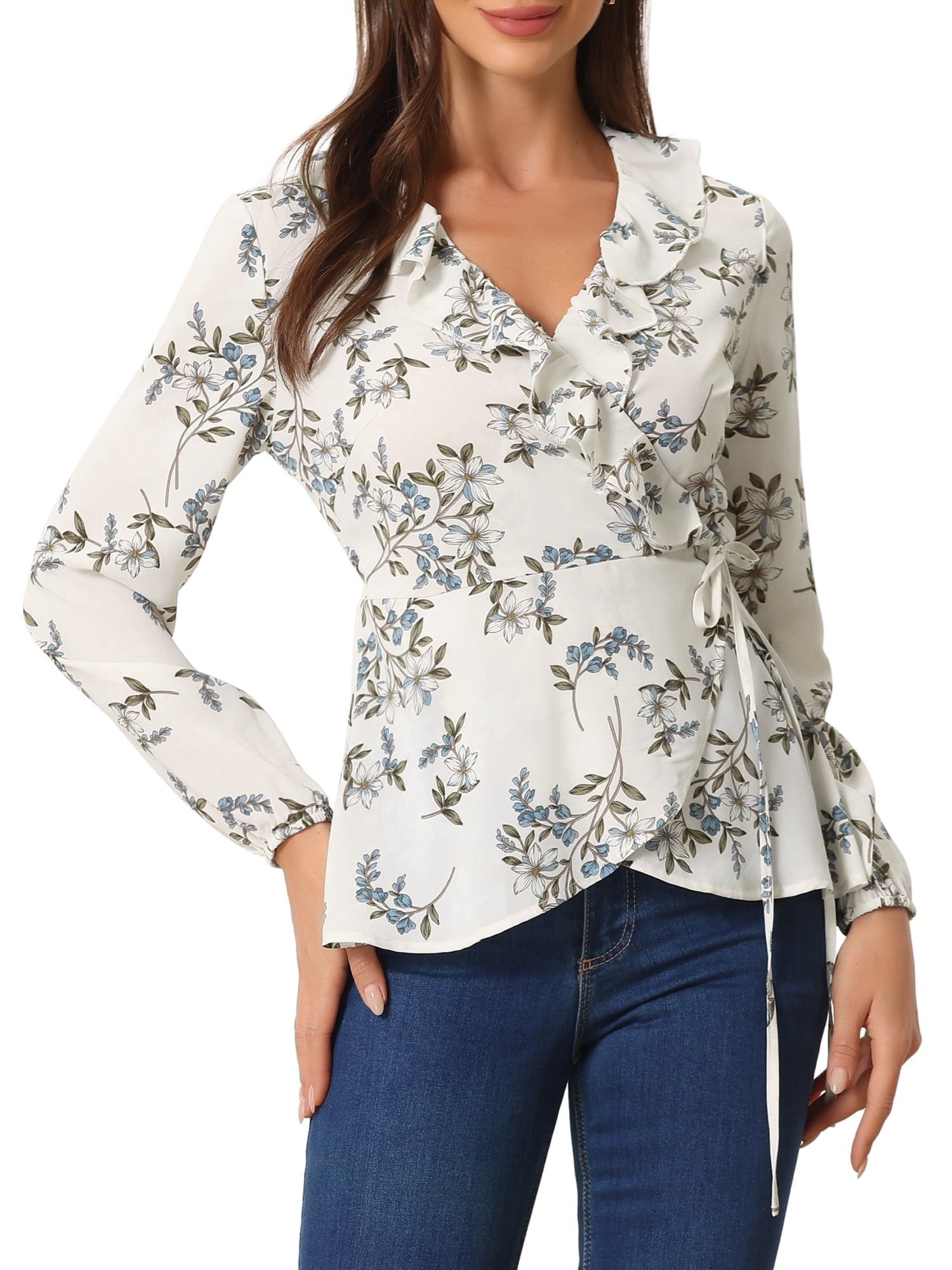 Allegra K Women's Ruffle V-Neck Blouse Floral Self Tie Wrap Peplum Top ...