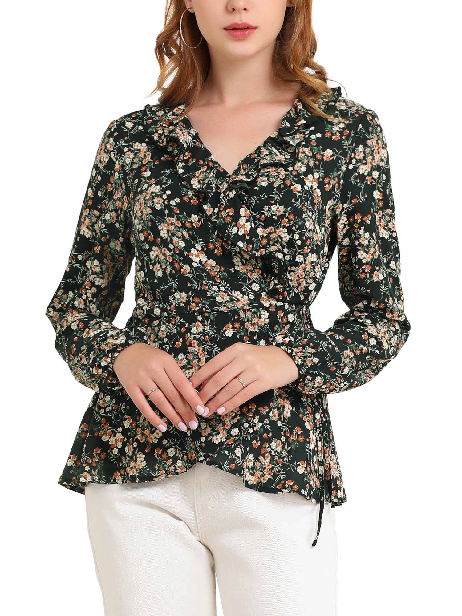 INSPIRE CHIC Women's Ruffle V-Neck Blouse Floral Self Tie Wrap Peplum ...