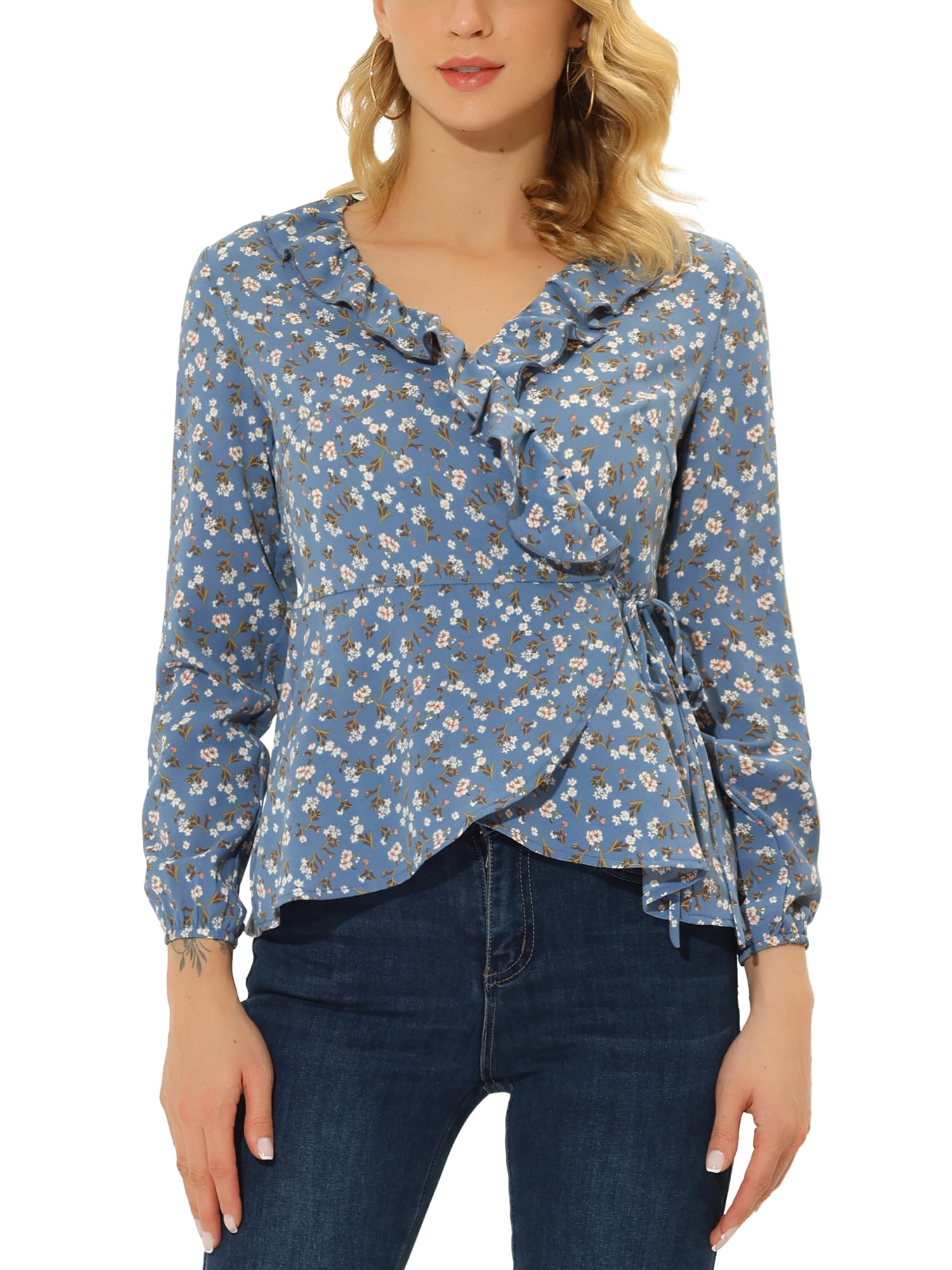INSPIRE CHIC Women's Ruffle V-Neck Blouse Floral Self Tie Wrap Peplum ...