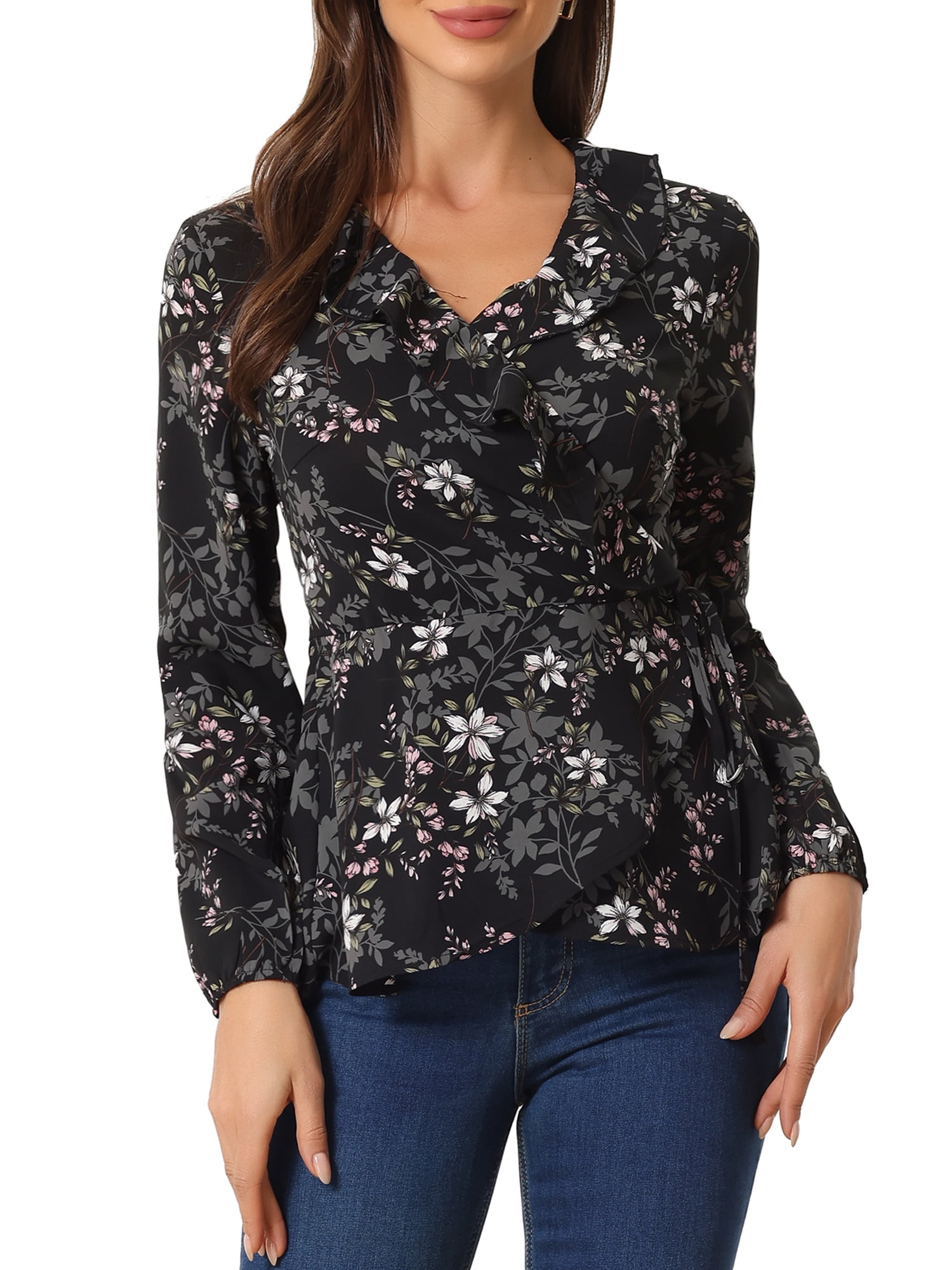 Allegra K Women's Ruffle V-Neck Blouse Floral Self Tie Wrap Peplum Top ...