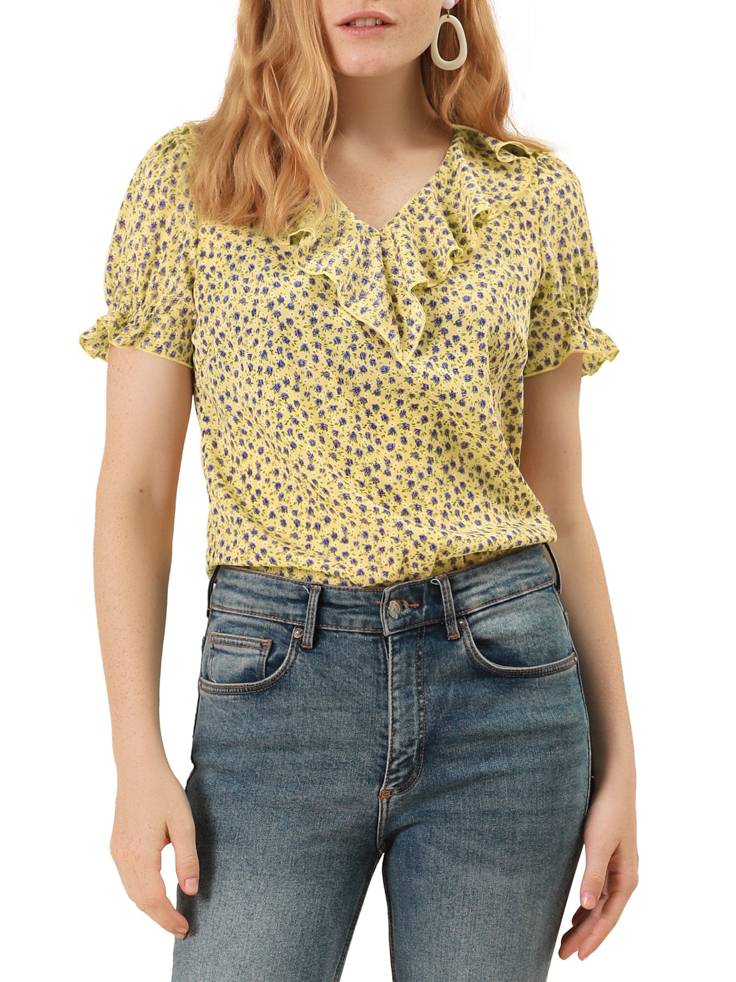 Allegra K Women's Ruffle V Neck Short Bell Sleeve Smocked Chiffon ...