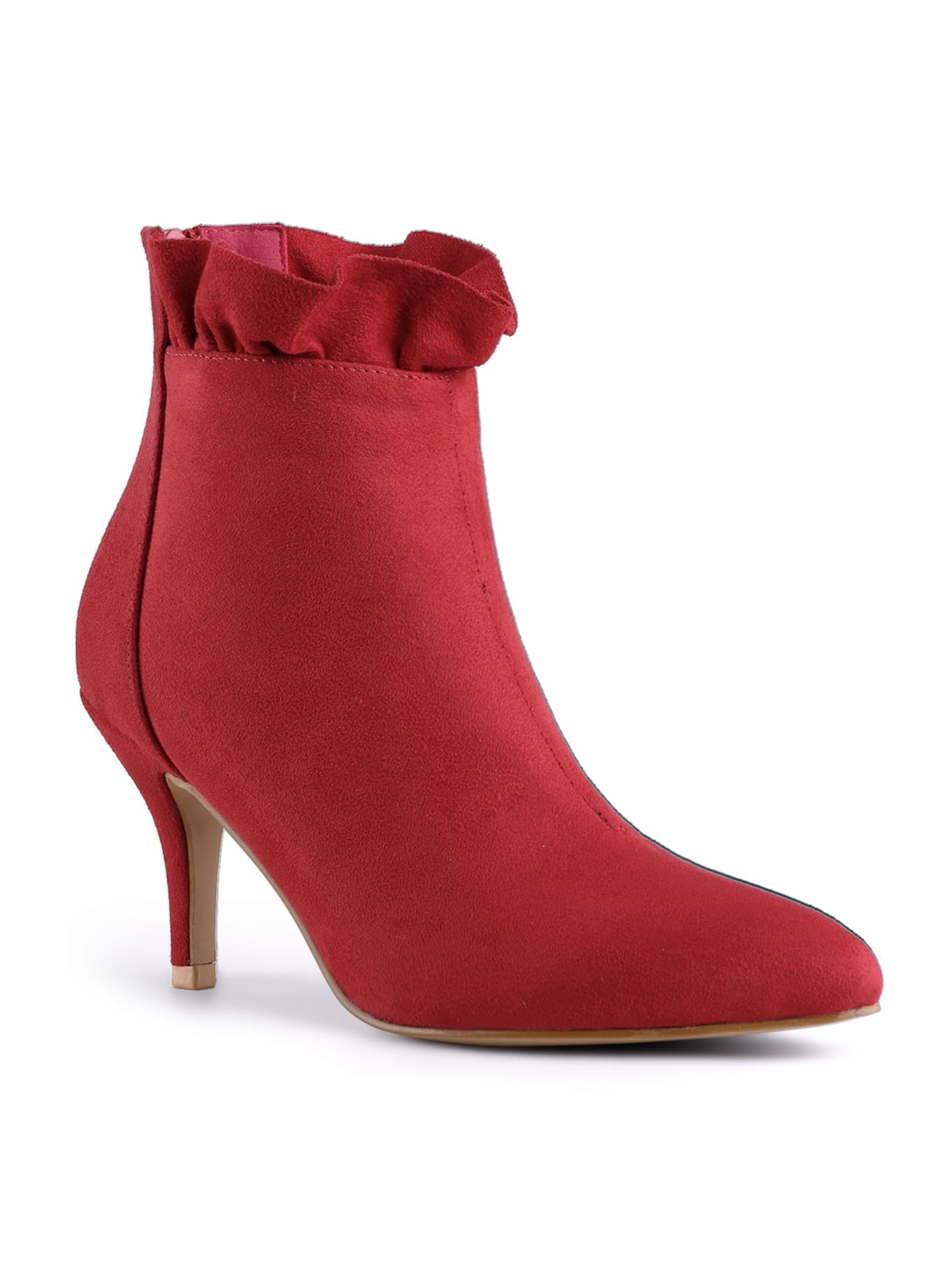 BLISSFUL STEP Women's Ruffle Zipper Stiletto Heel Ankle Boots Red 5.5 ...