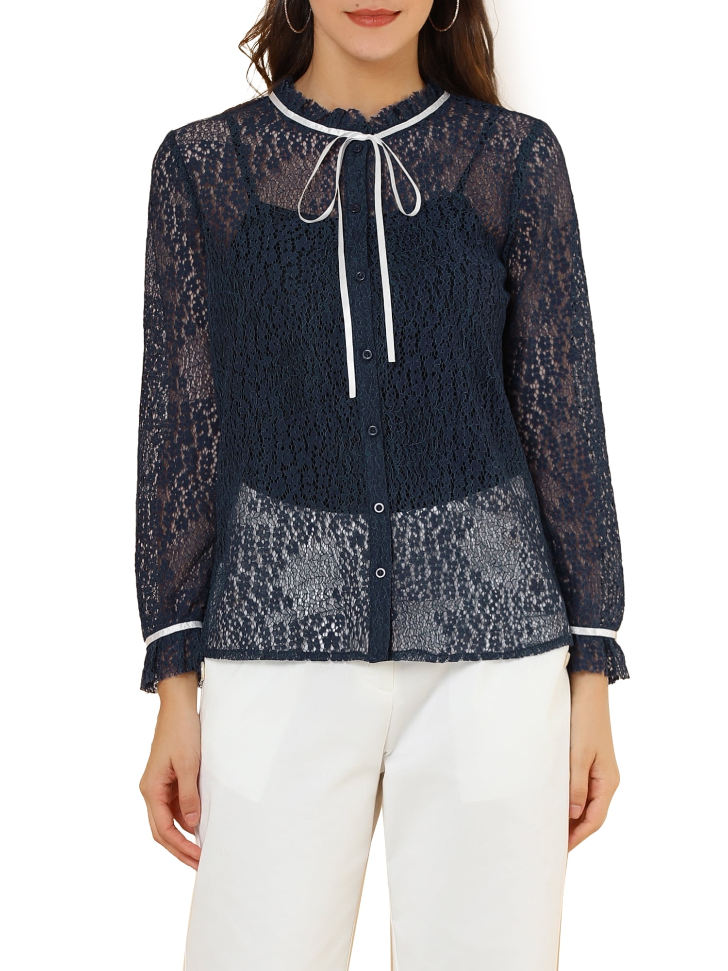 Allegra K Women's Ruffled Collar Long Sleeve See Through Lace Button ...