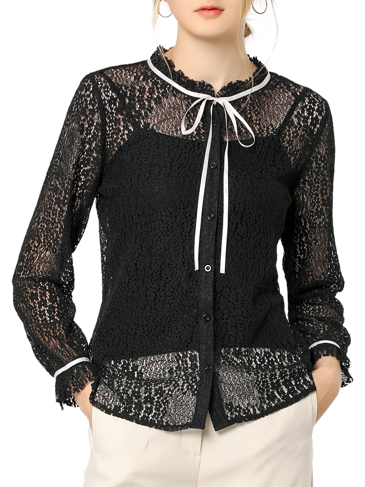 Allegra K Women's Ruffled Collar Long Sleeve See Through Lace Button ...