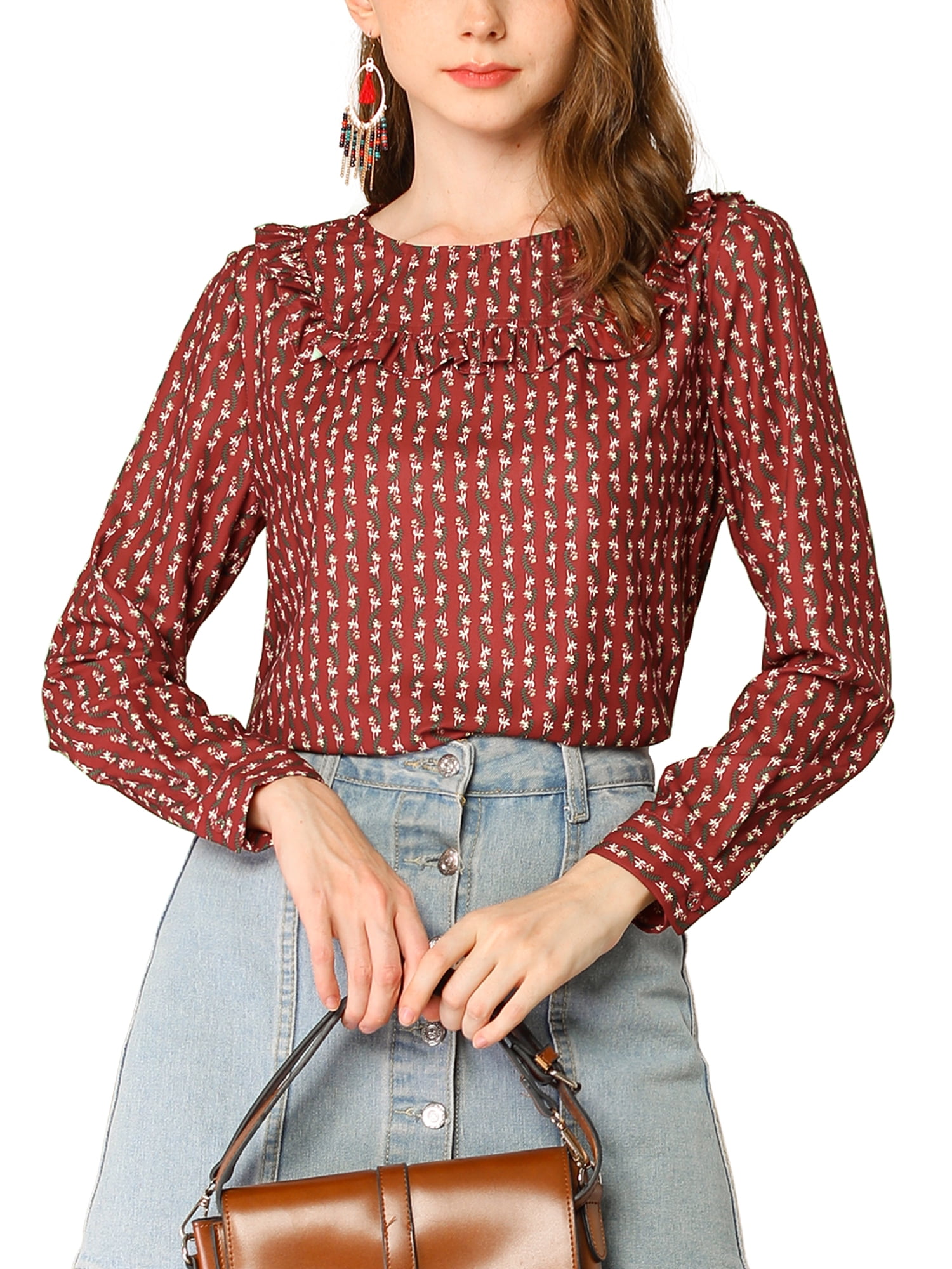 Allegra K Women's Ruffled Front Round Neck Blouse Long Sleeve Button ...