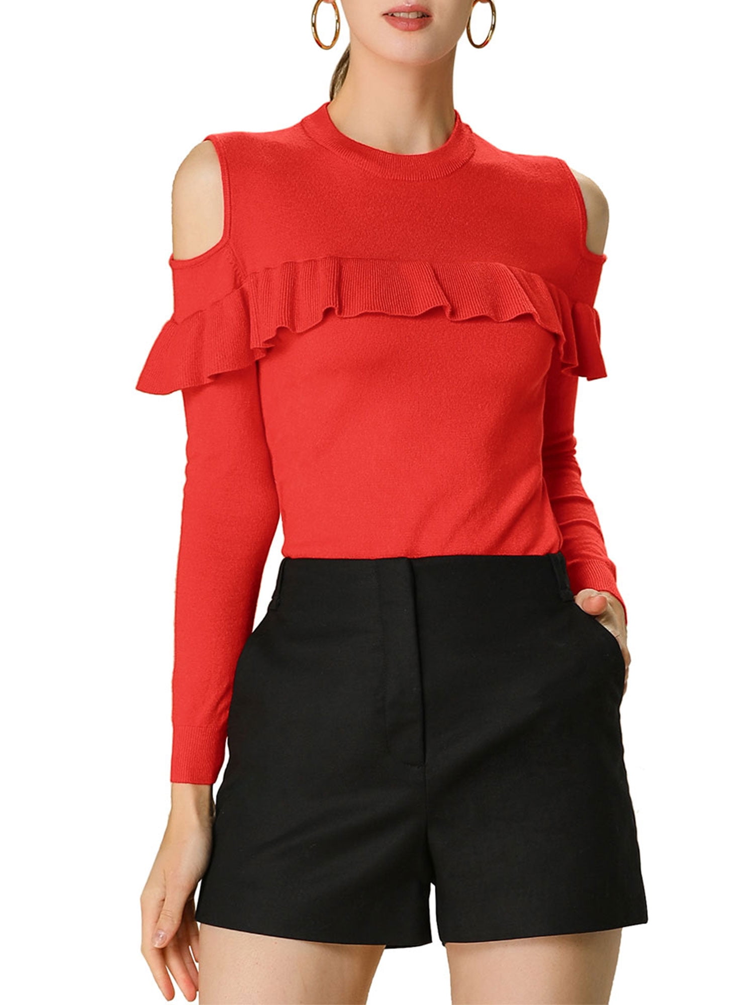 INSPIRE CHIC Women's Ruffled Long Sleeves Cut Out Cold Shoulder Slim ...