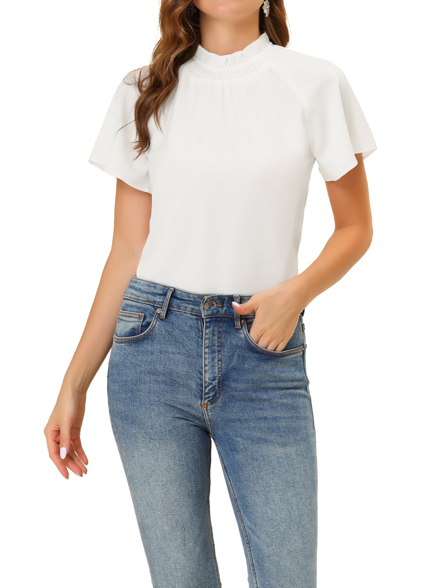 Allegra K Women's Ruffled Neck Casual Short Sleeve Keyhole Back Blouse ...