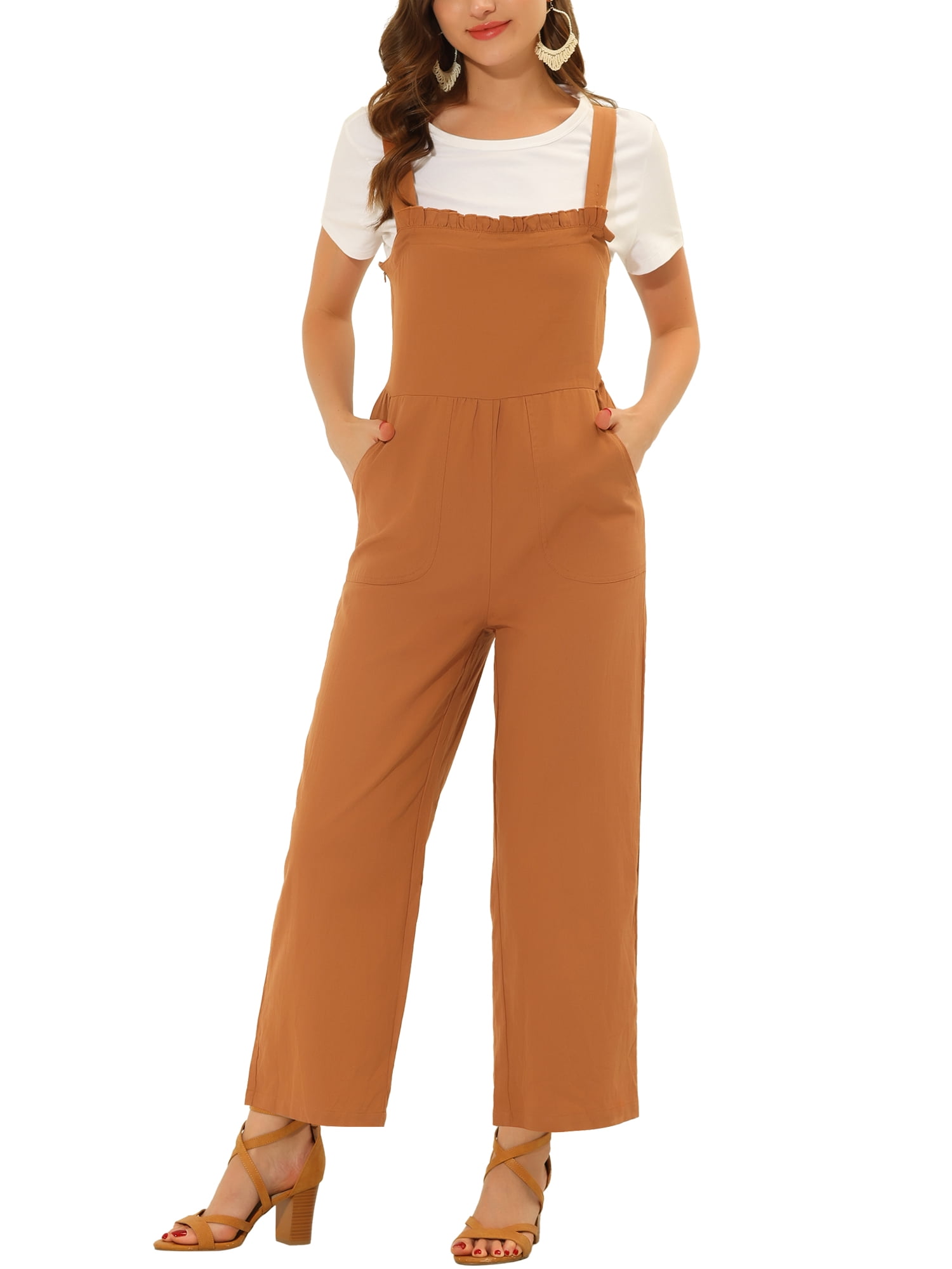INSPIRE CHIC Women's Ruffled Neck Country Style Jumpsuits S Brown ...