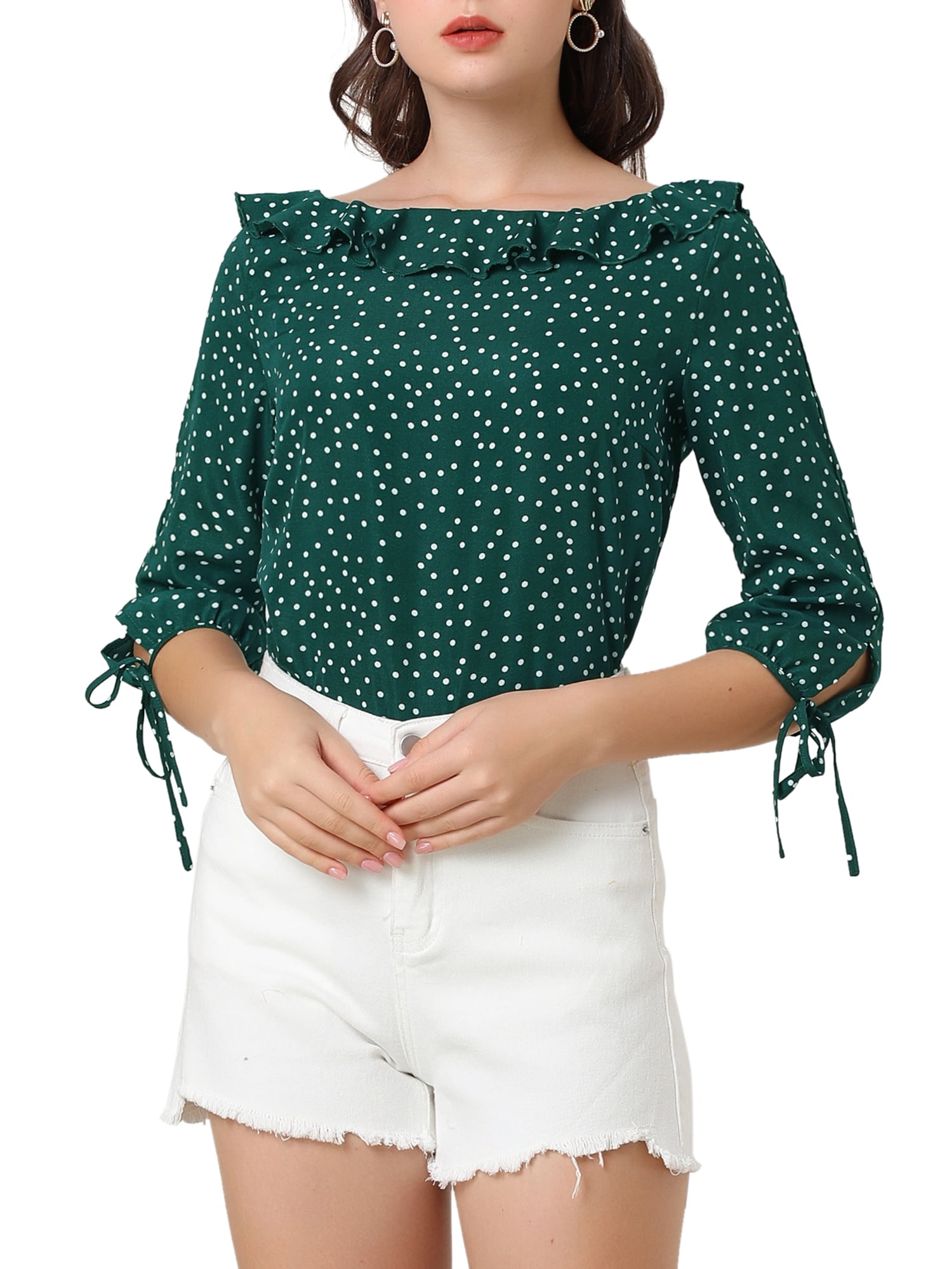 INSPIRE CHIC Women's Ruffled Neck Half Sleeve Sheer Summer Polka Dots ...