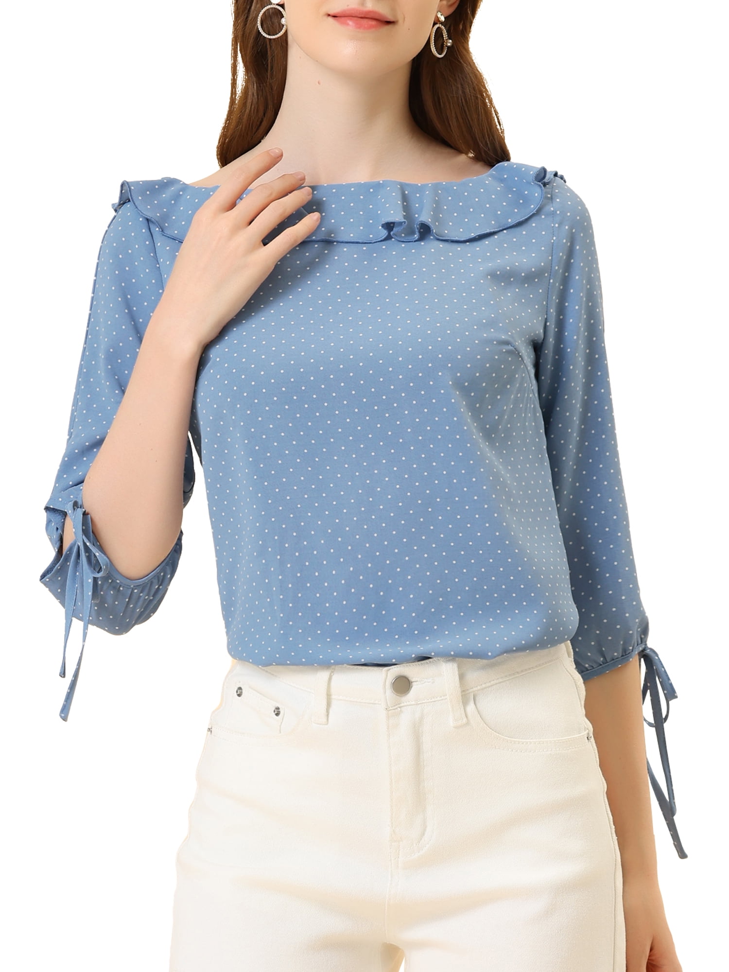 INSPIRE CHIC Women's Ruffled Neck Half Sleeve Sheer Summer Polka Dots ...