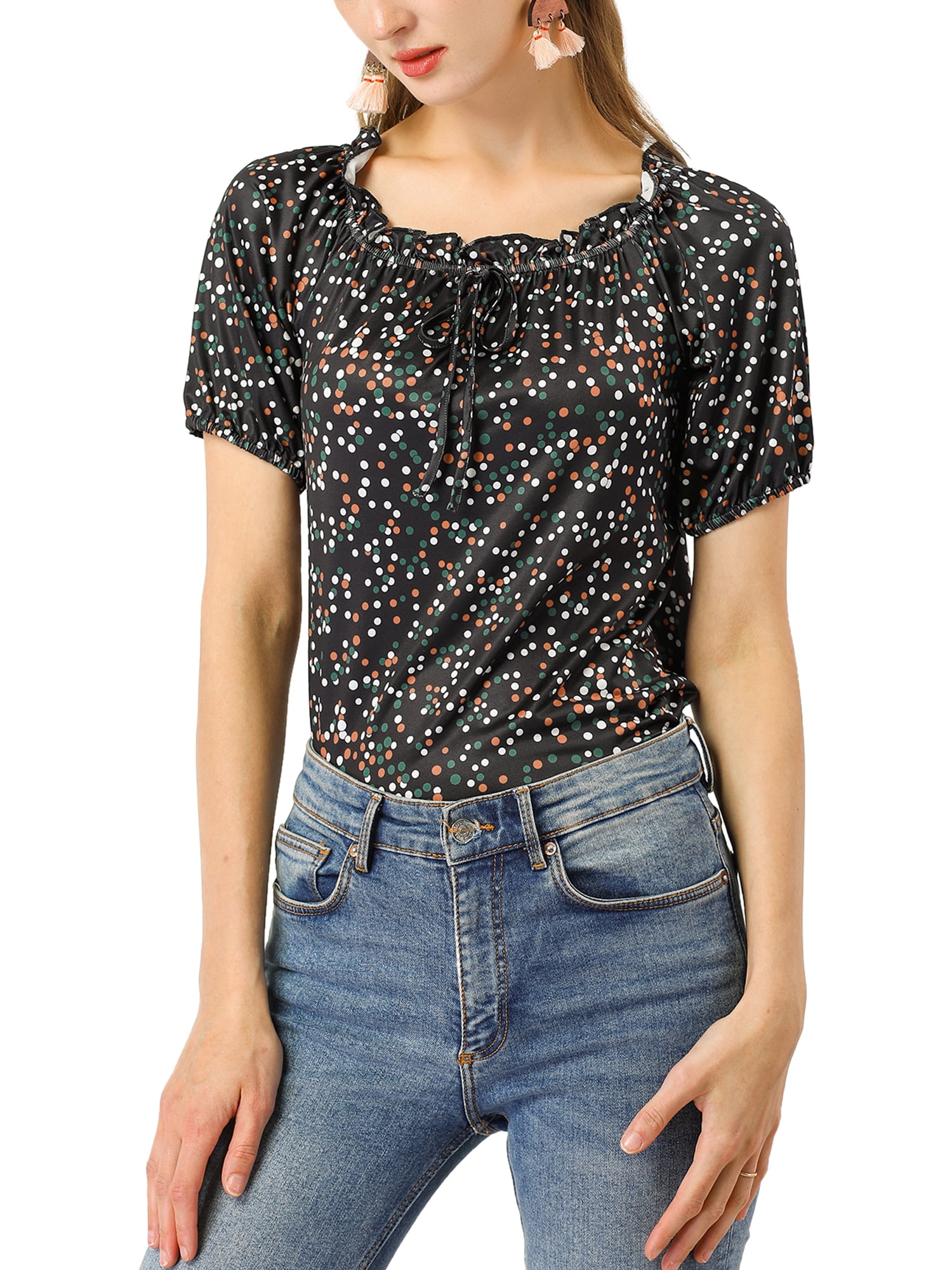 Allegra K Womens Ruffled Neck Short Sleeve Polka Dots Blouse