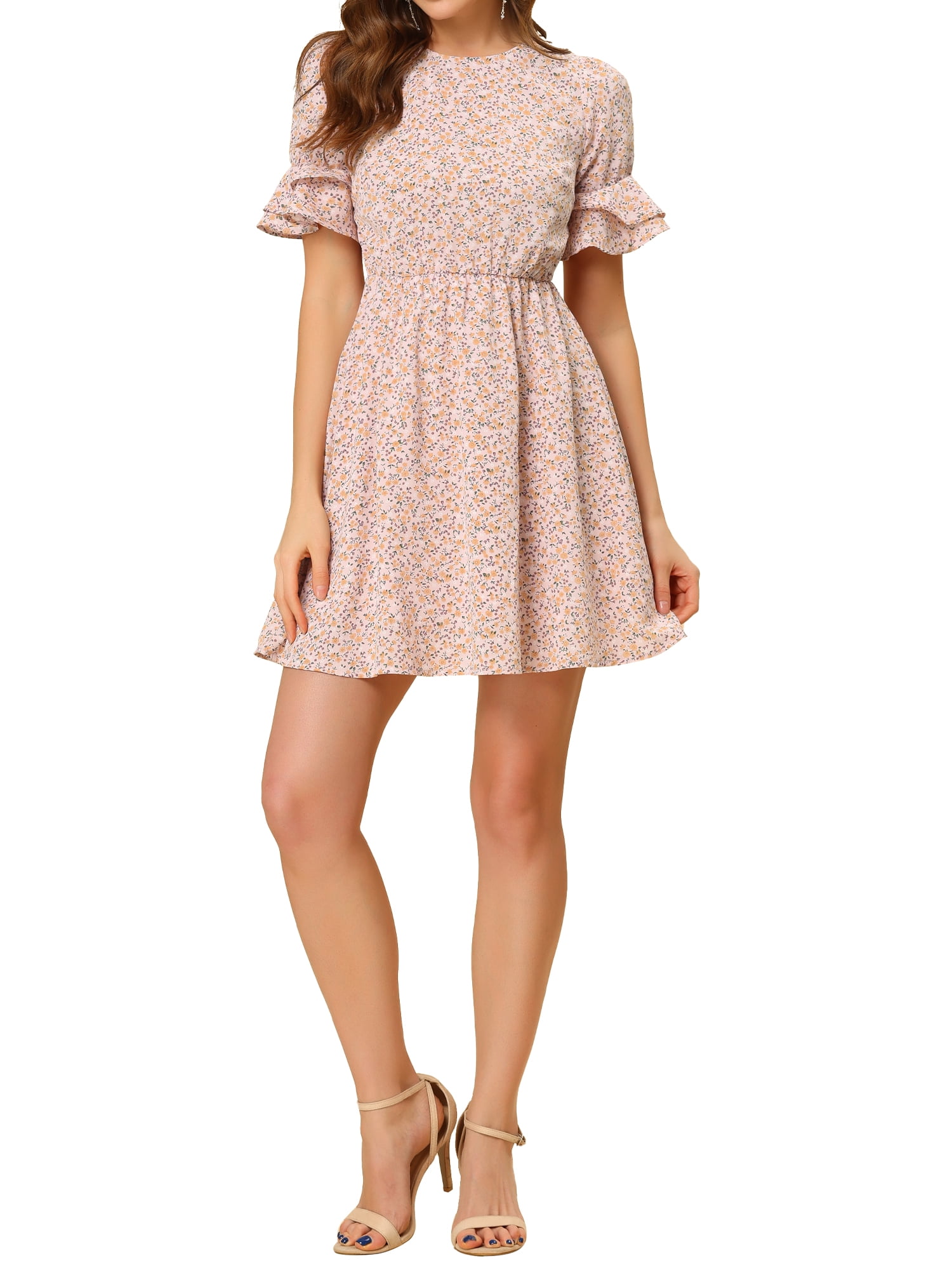 Allegra K Women's Ruffled Short Sleeve A-Line Elastic Waist Floral ...