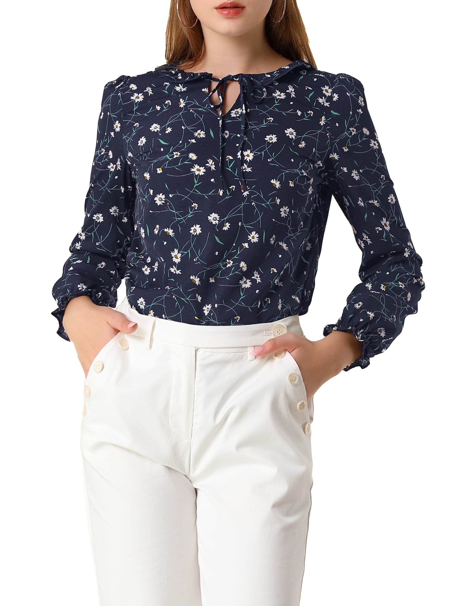 Allegra K Women's Ruffled Sleeve Blouse Frill Neck Self Tie Elegant ...