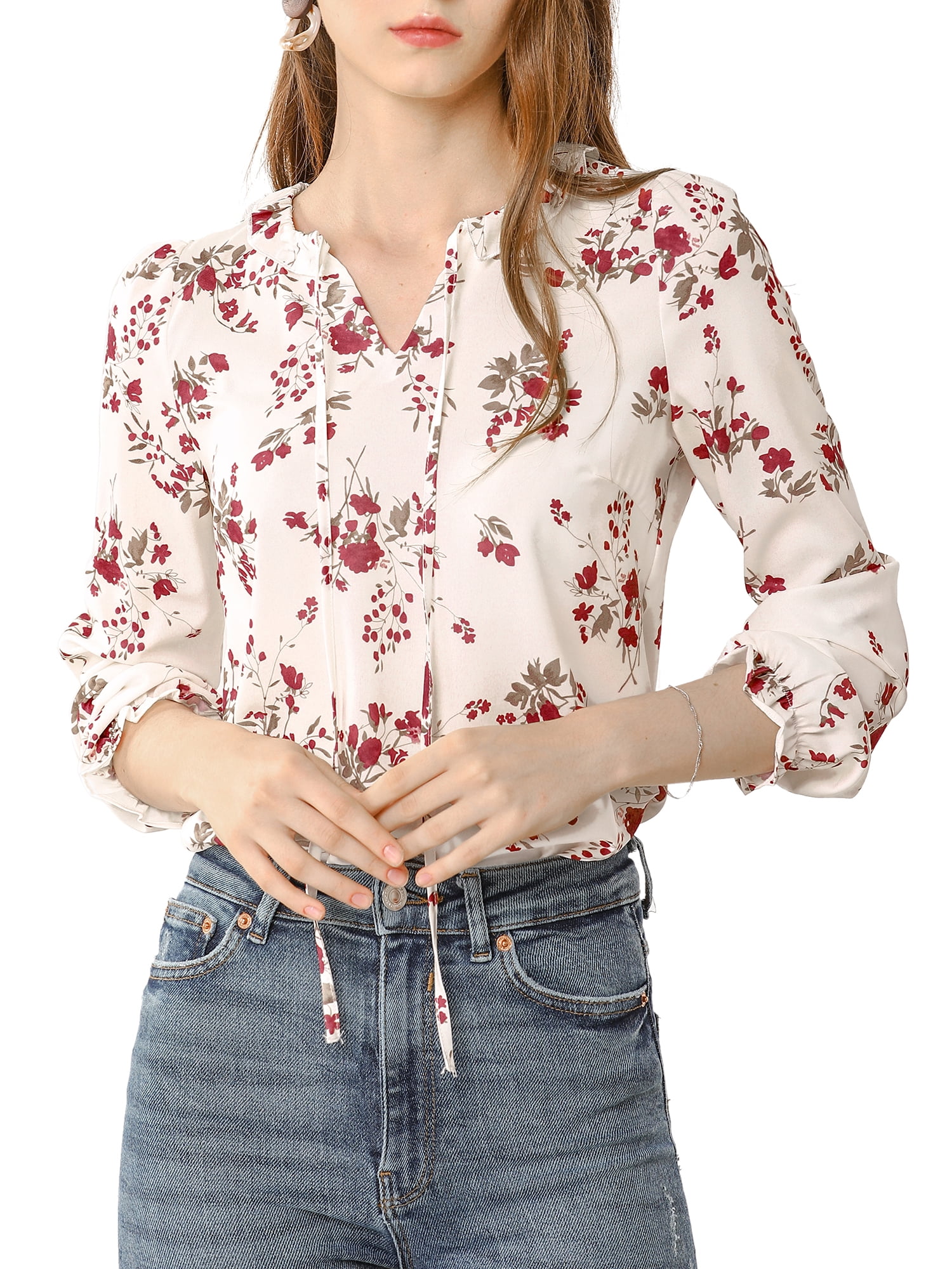 Allegra K Women's Ruffled Sleeve Blouse Frill Neck Self Tie Elegant ...