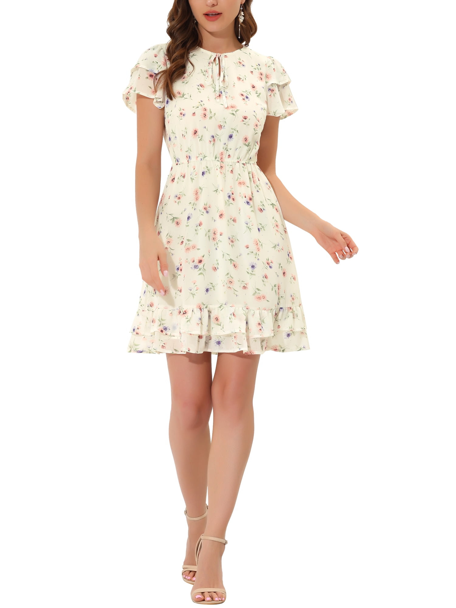 INSPIRE CHIC Women's Ruffle Sleeve Self-Tie V Neck Above Knee Ruffled A ...