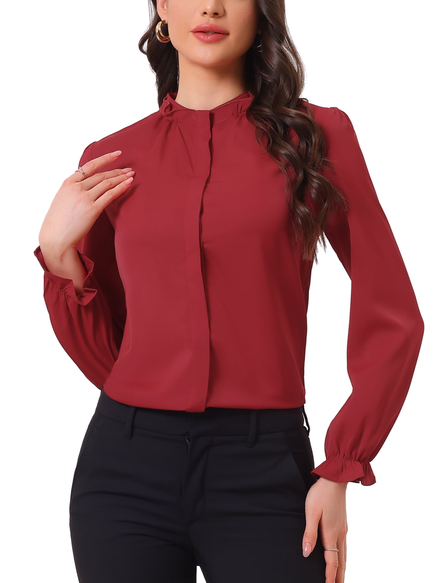 INSPIRE CHIC Women's Ruffled Trim Button Down Stand Collar Long Sleeve ...