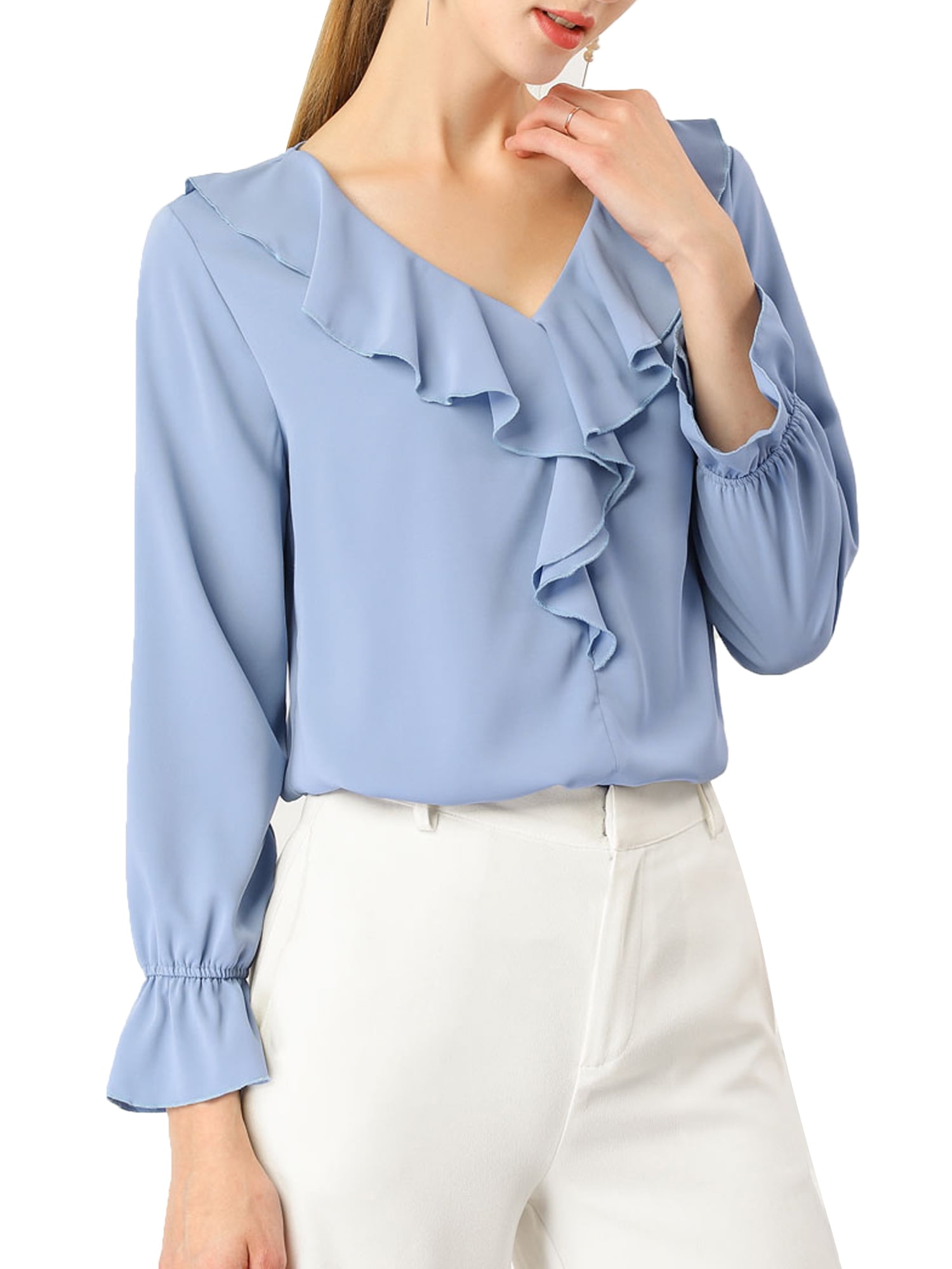 Allegra K Women's Ruffled V Neck Chiffon Long Sleeve Casual Top, Baby ...