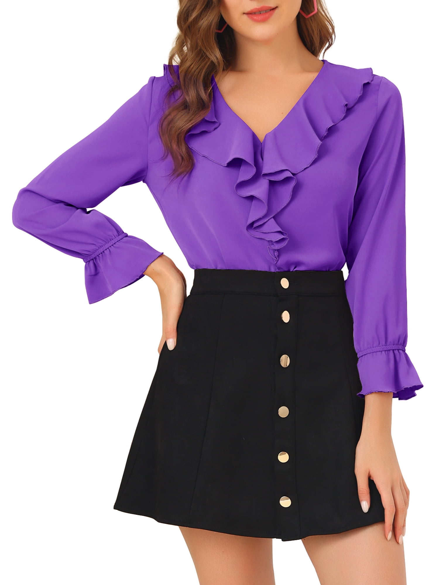 INSPIRE CHIC Women's Ruffle Blouse Wear-to-Work Elegant V Neck Long ...