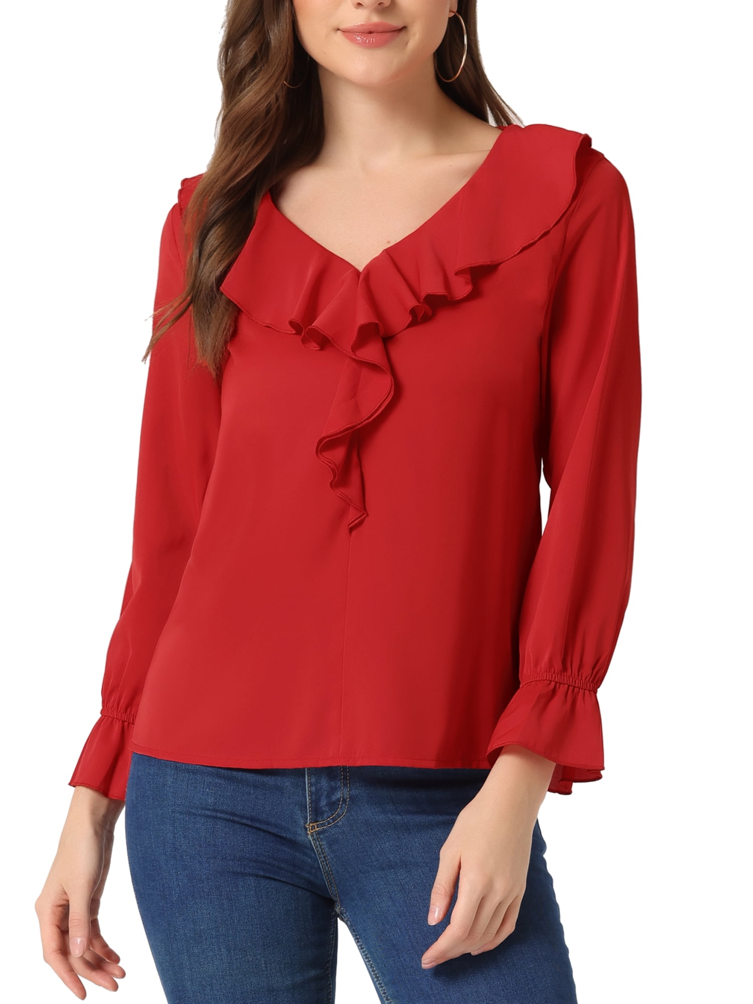 INSPIRE CHIC Women's Ruffle Blouse for Business Work Elegant V Neck ...