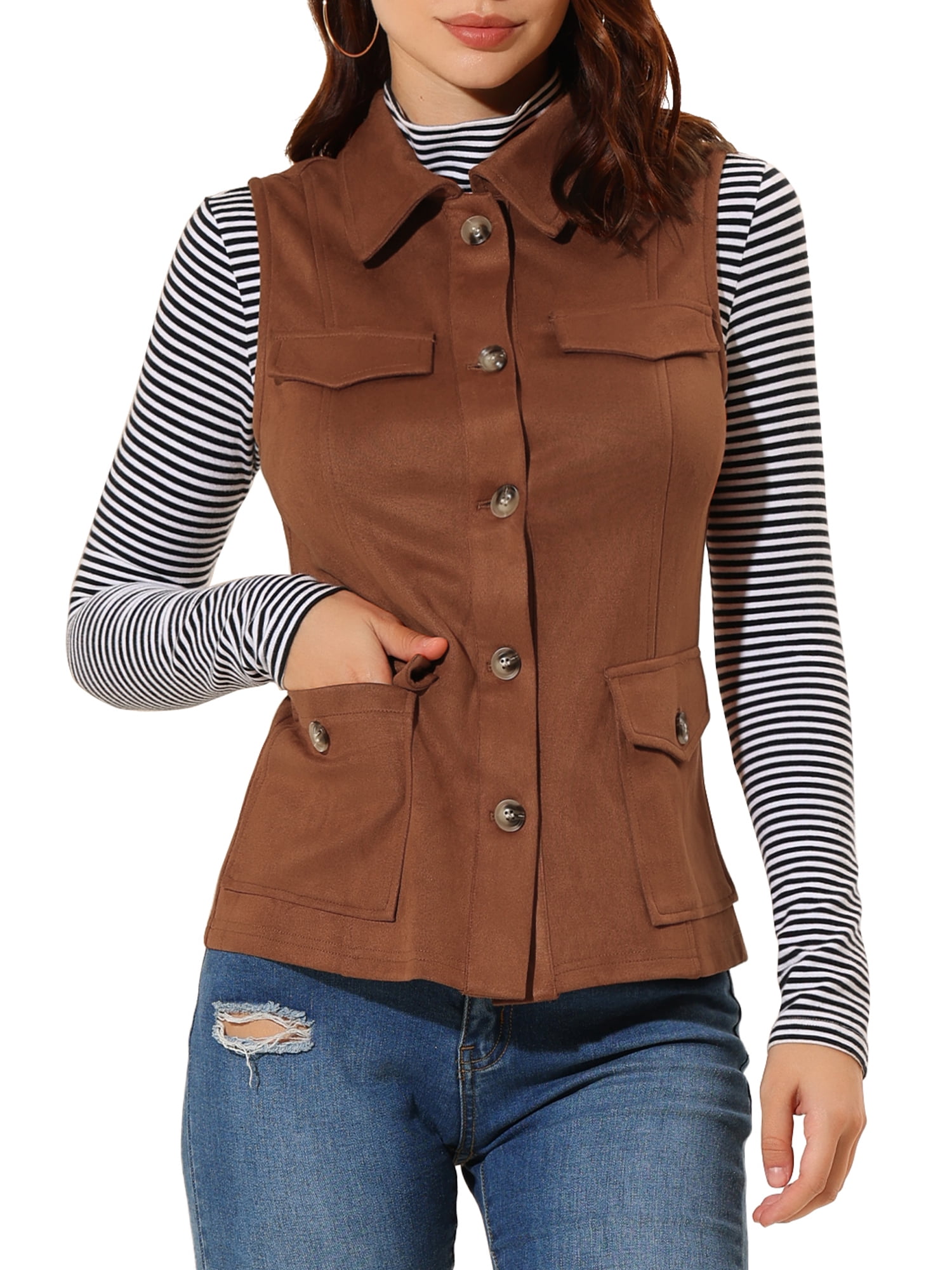 Allegra K Women's Rustic Sleeveless Jacket Button Up Faux Suede Utility ...