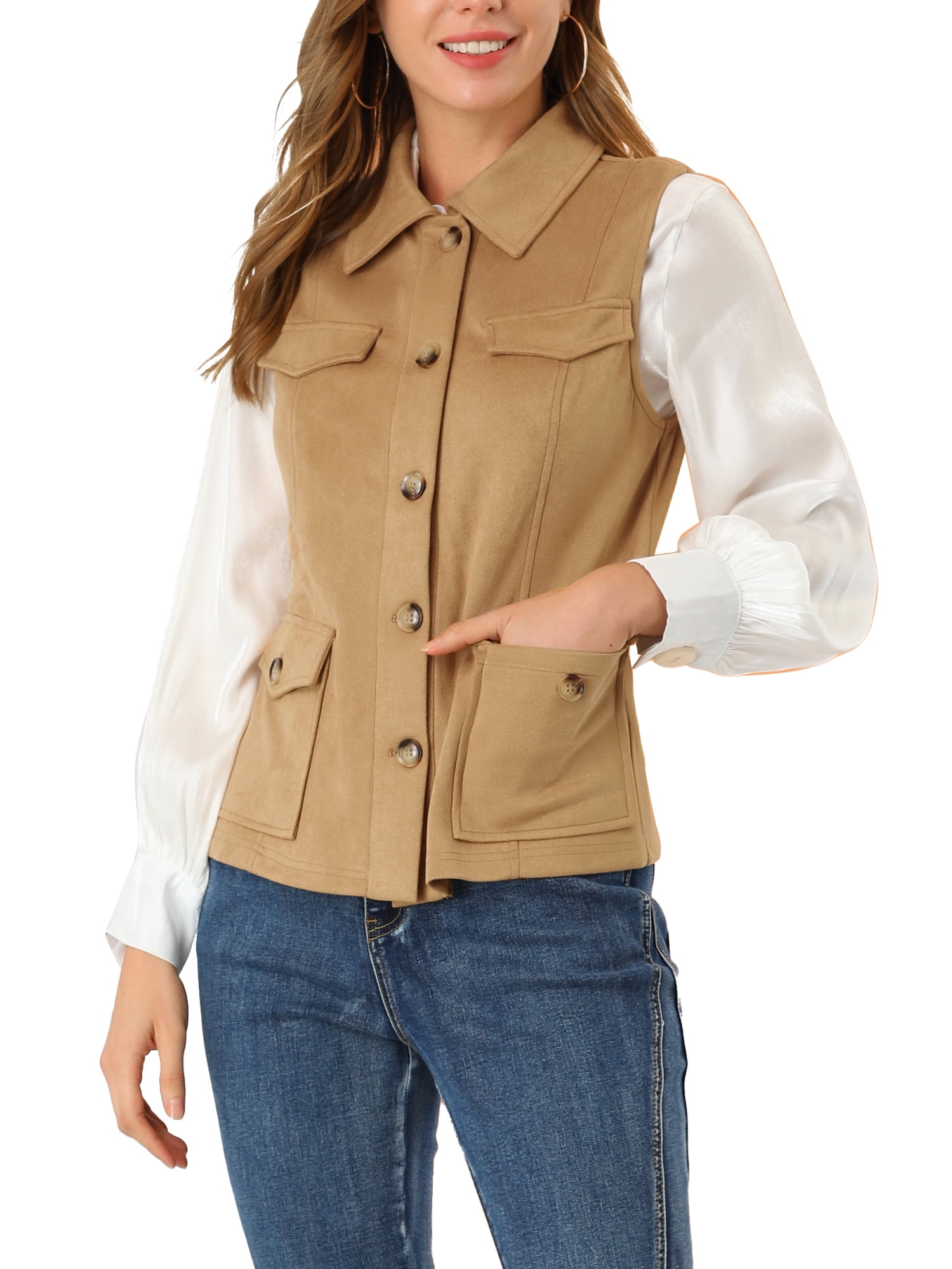 INSPIRE CHIC Women's Vest Button Front Sleeveless Faux Suede Utility ...