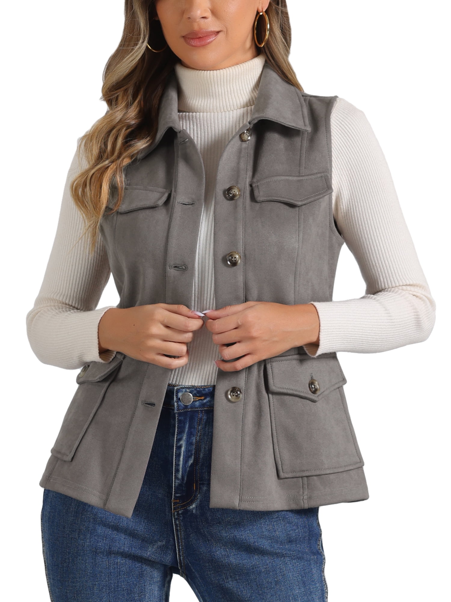 Allegra K Women's Rustic Sleeveless Jacket Button Up Faux Suede Utility ...