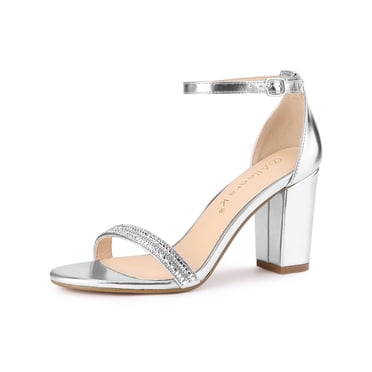 Pennysue Women's Chunky Low Heels Sandals Silver Glitter Ankle Strap ...