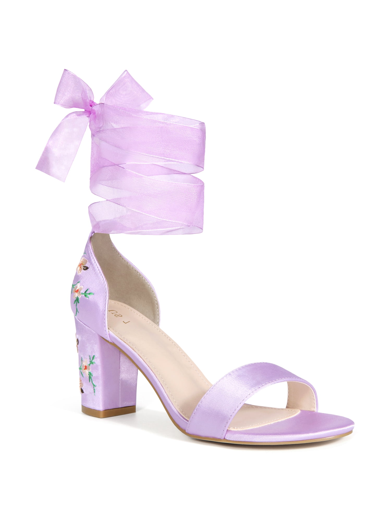 BLISSFUL STEP Women's Satin Floral Print Block Heel Sandals Purple 7 ...
