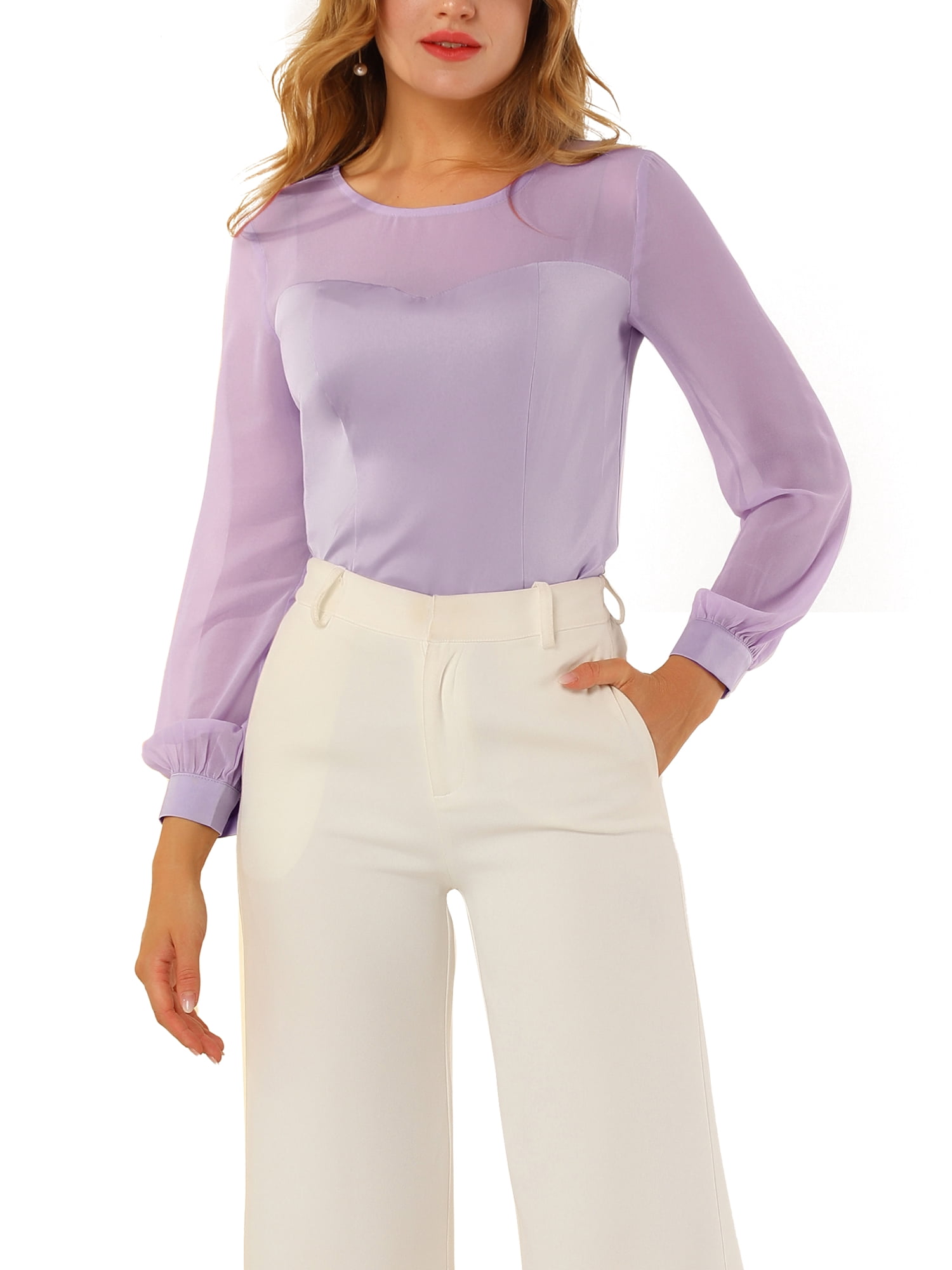 Allegra K Women's Satin Mesh Panel Tops Round Neck Sheer Lantern Sleeve ...