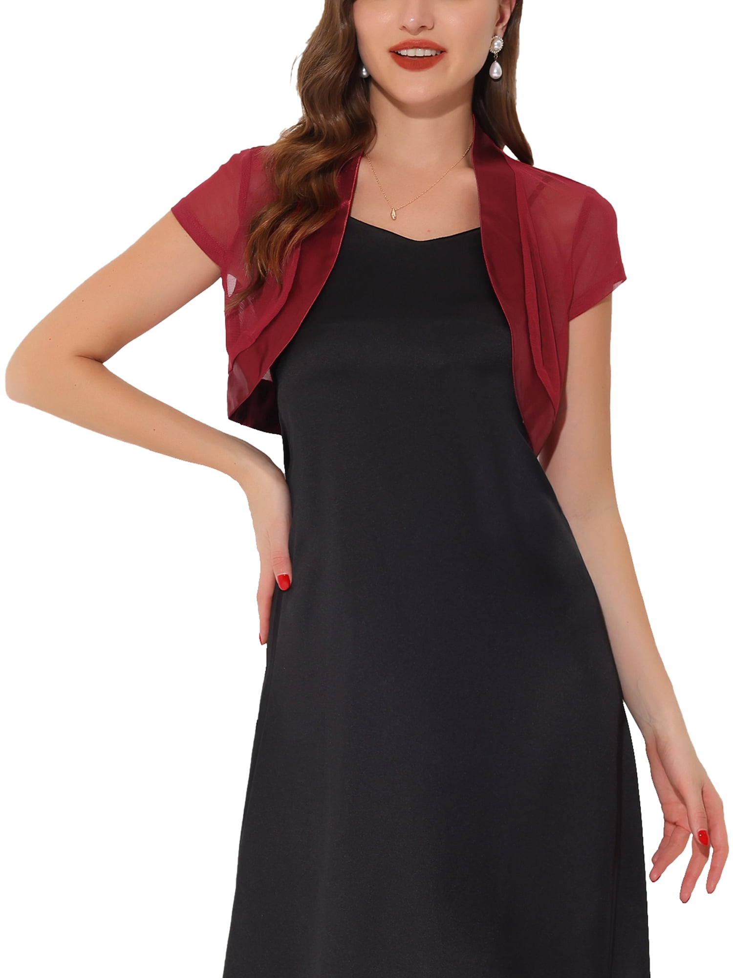 INSPIRE CHIC Women's Satin Shrug Bolero Cap Sleeve Business Mesh Crop ...