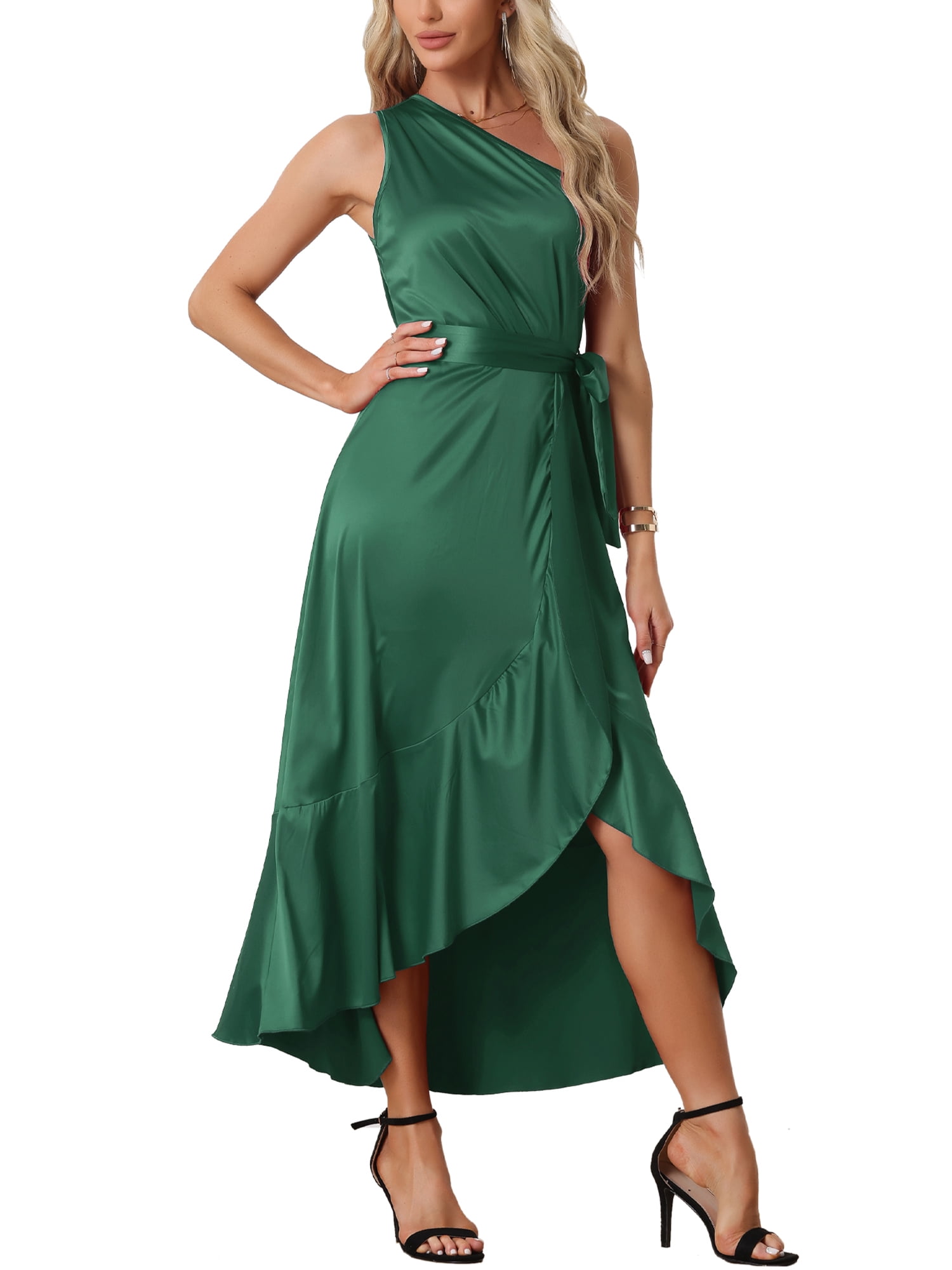 INSPIRE CHIC Women's Satin Sleeveless One Shoulder Belted Split Ruffle ...