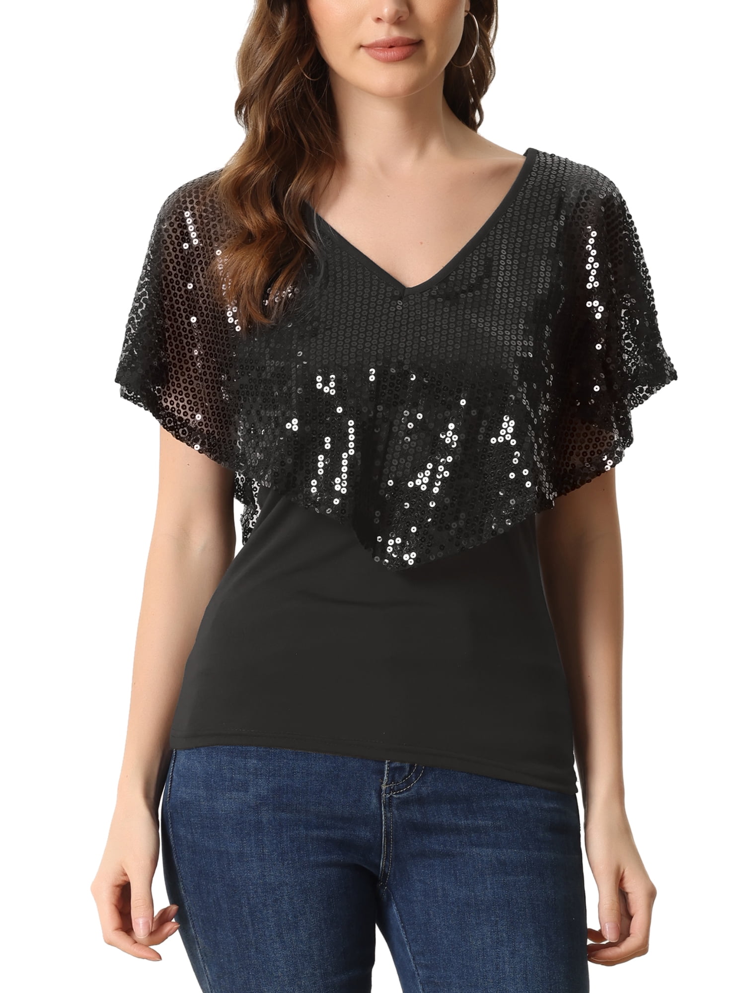 Allegra K Women's Sequin Overlay Tops V Neck Sparkly Overlay Top Blouse ...