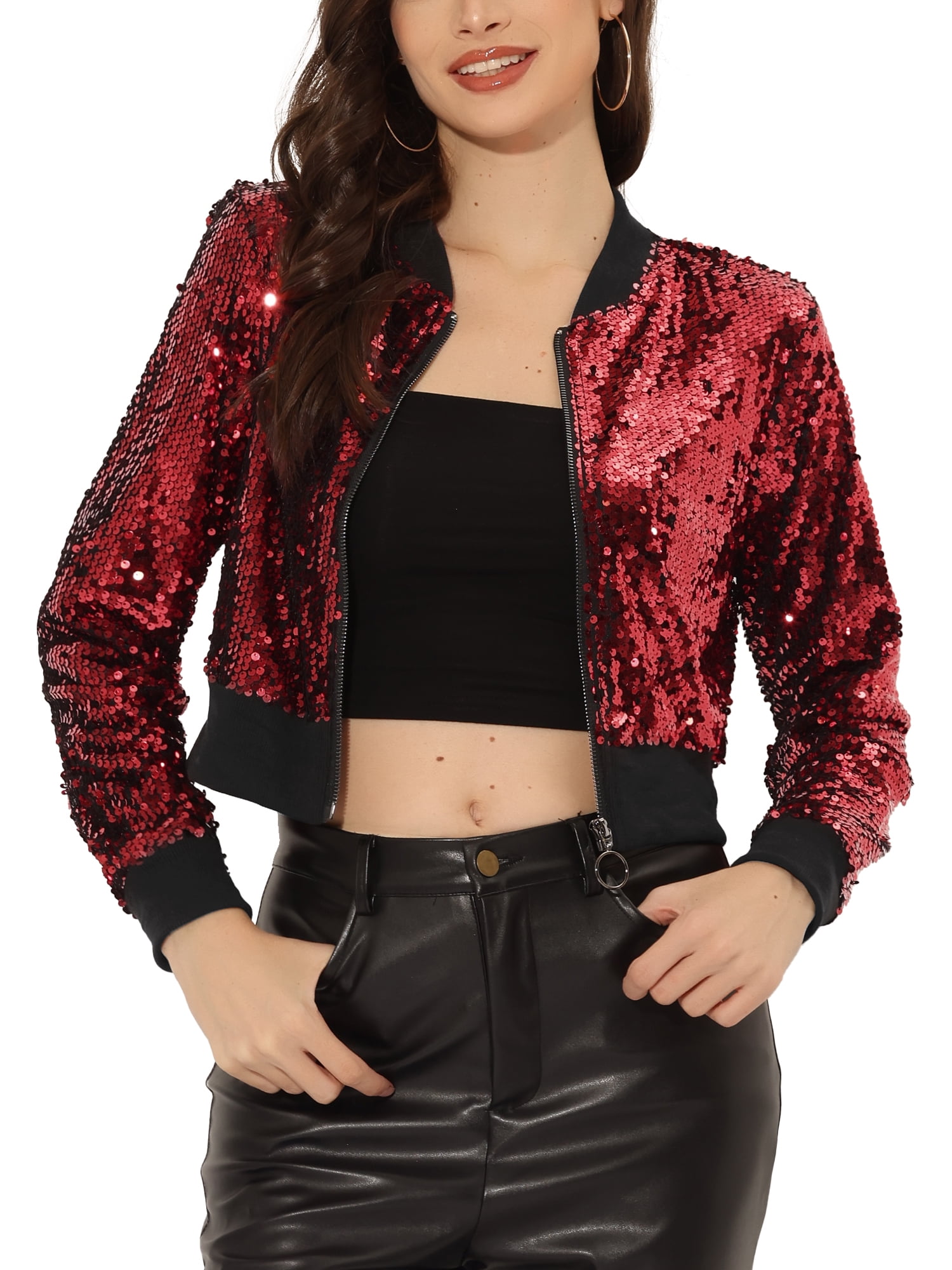 INSPIRE CHIC Women's Sequin Sparkle Zipper Cropped Bomber Jacket XS Red ...