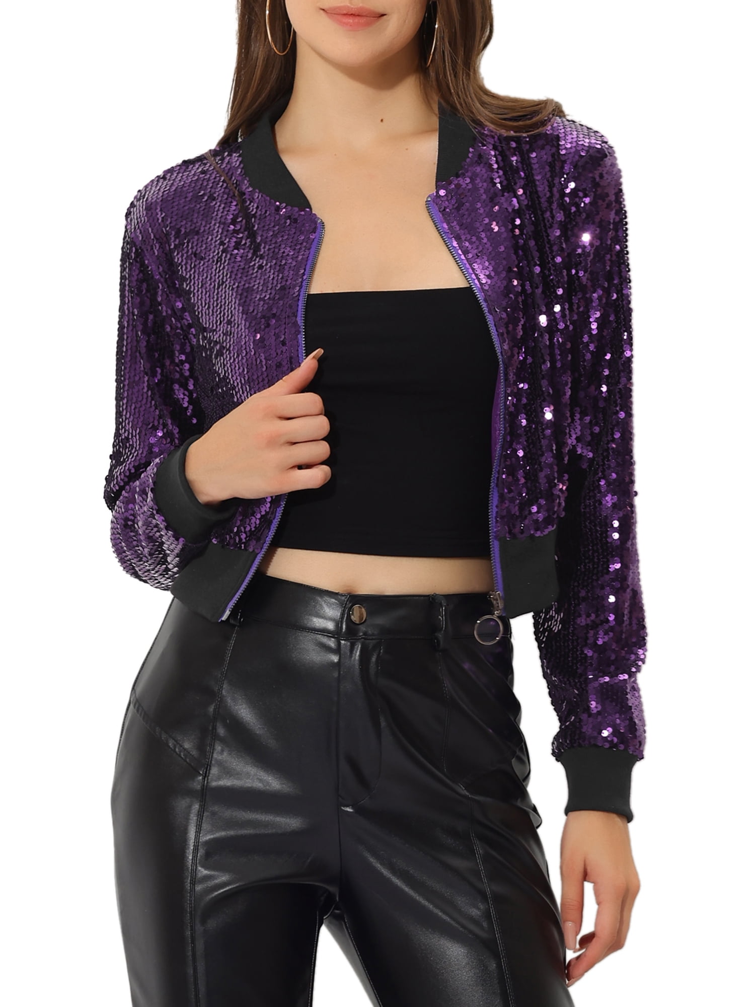 Allegra K Women's Sequin Sparkle Zipper Cropped Bomber Jacket S Purple - Walmart.com