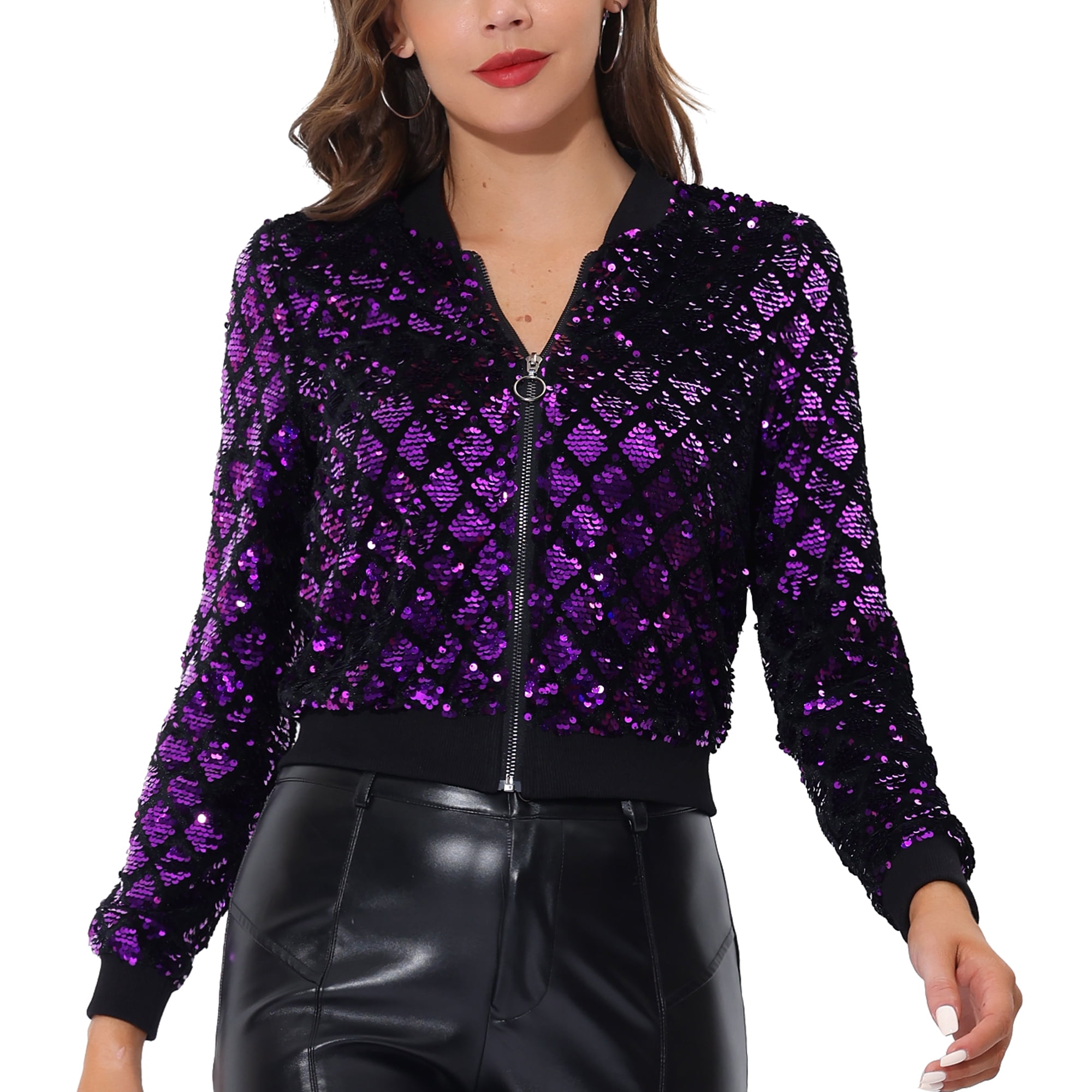 Allegra K Women's Sequin Stand Collar Long Sleeve Zipper Cropped Bomber Jacket XL Purple ...