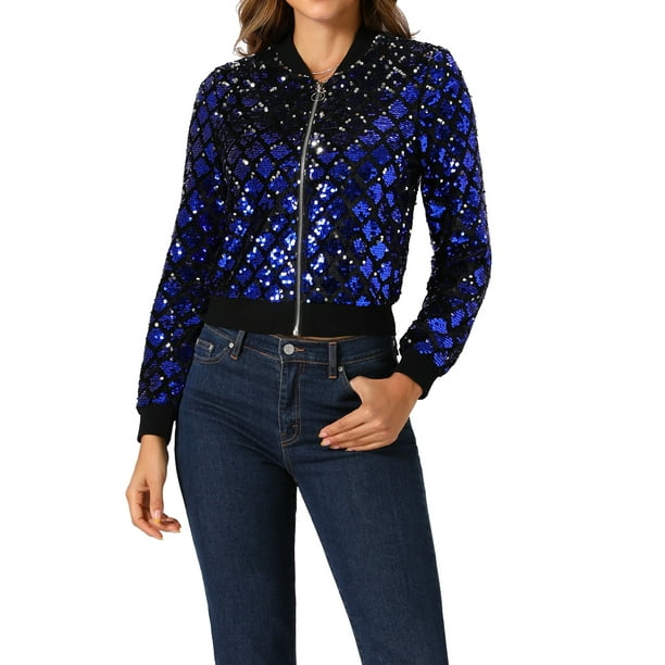 Allegra K Women's Sequin Stand Collar Long Sleeve Zipper Cropped Bomber Jacket XL Royal Blue ...
