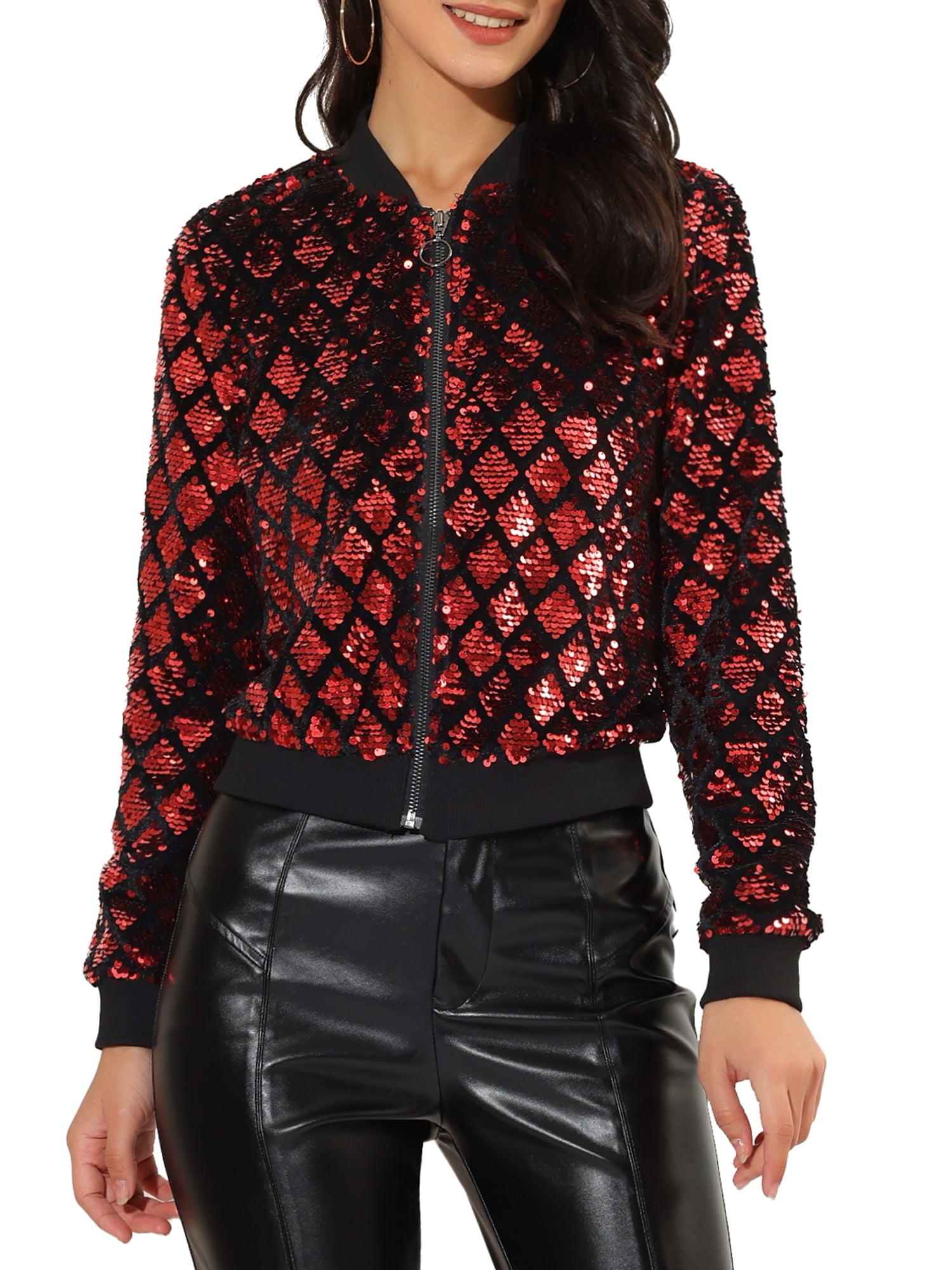 Allegra K Women's Sequin Stand Collar Long Sleeve Zipper Cropped Bomber Jacket XS Red - Walmart.com