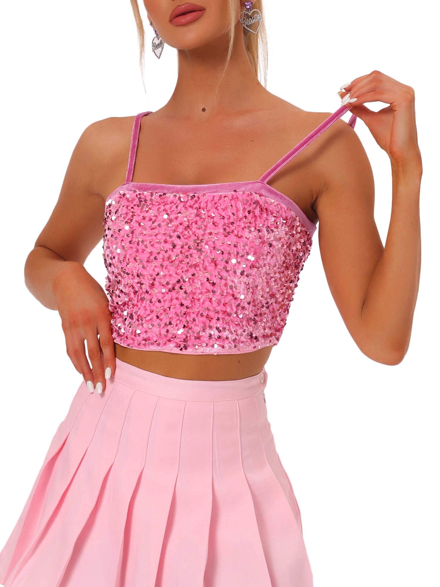 INSPIRE CHIC Women's Sequin Velvet Spaghetti Strap Club Party Crop Cami ...