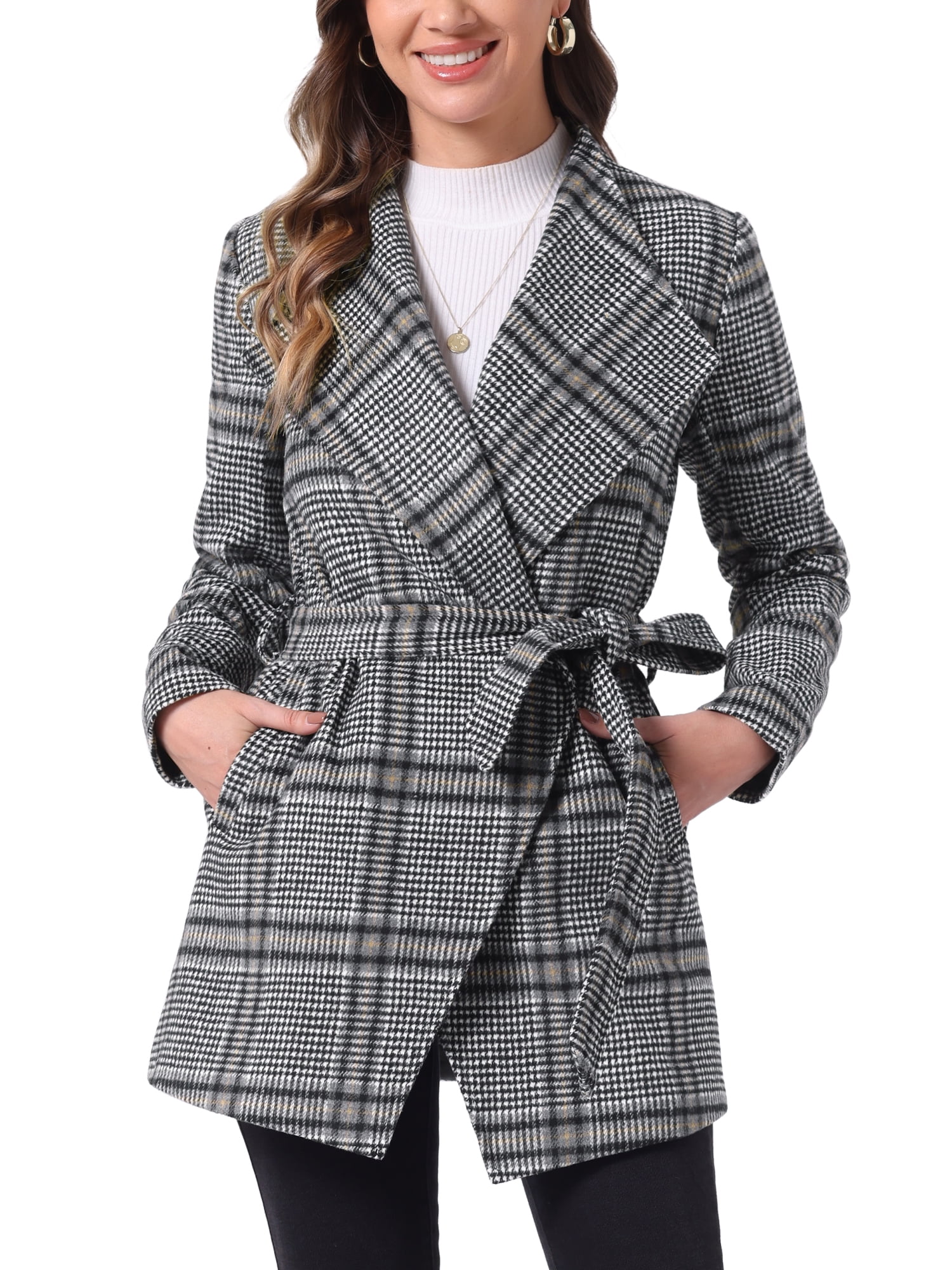 INSPIRE CHIC Women's Shawl Collar Asymmetrical Hem Belted Plaid Coat S ...