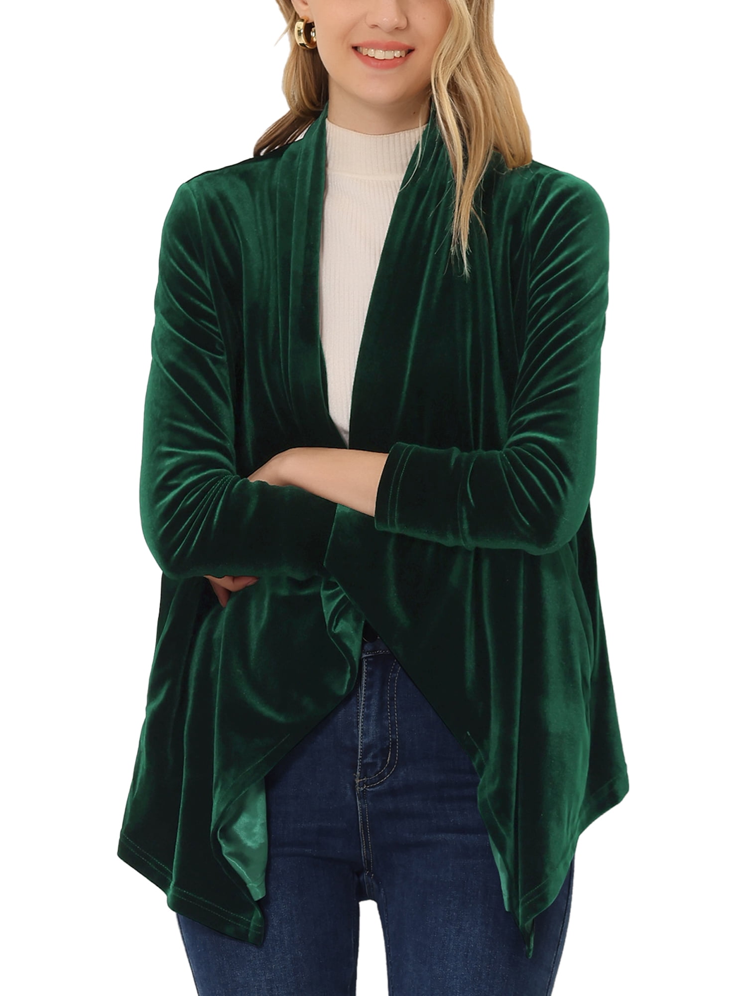 Allegra K Women's Shawl Collar Open Front Pockets Stretchy Velvet ...