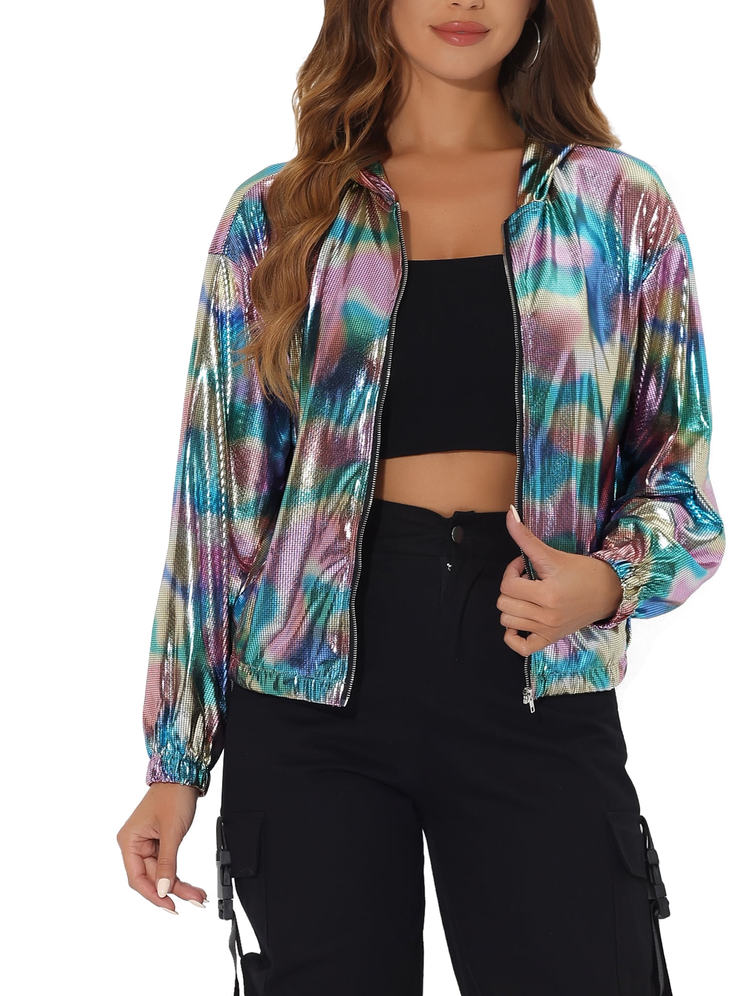 INSPIRE CHIC Women's Jacket Shiny Long Sleeve Lightweight Zipper Hooded ...